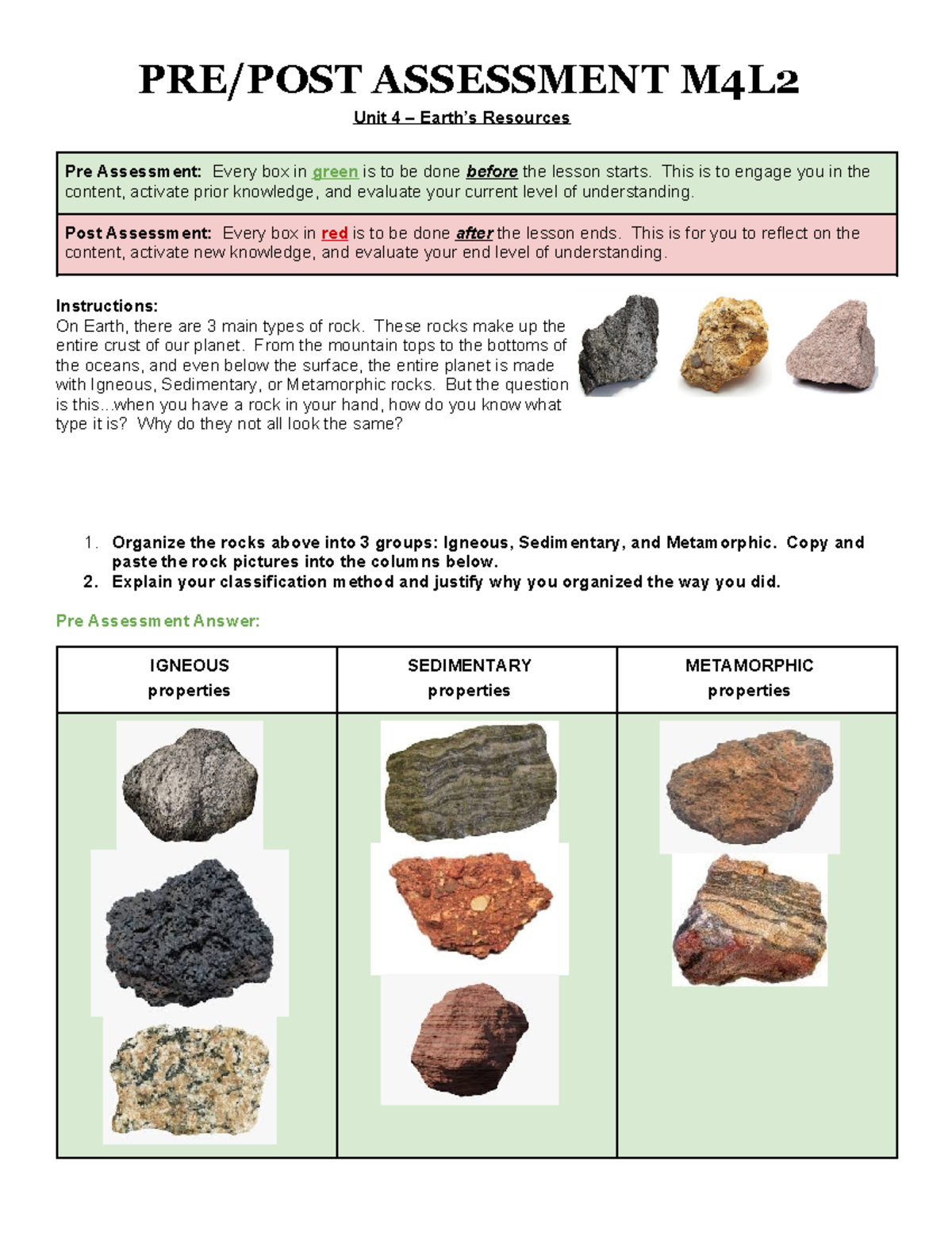 M4 L2 Pre Post Assessment - PRE/POST ASSESSMENT M4L Unit 4 – Earth’s ...