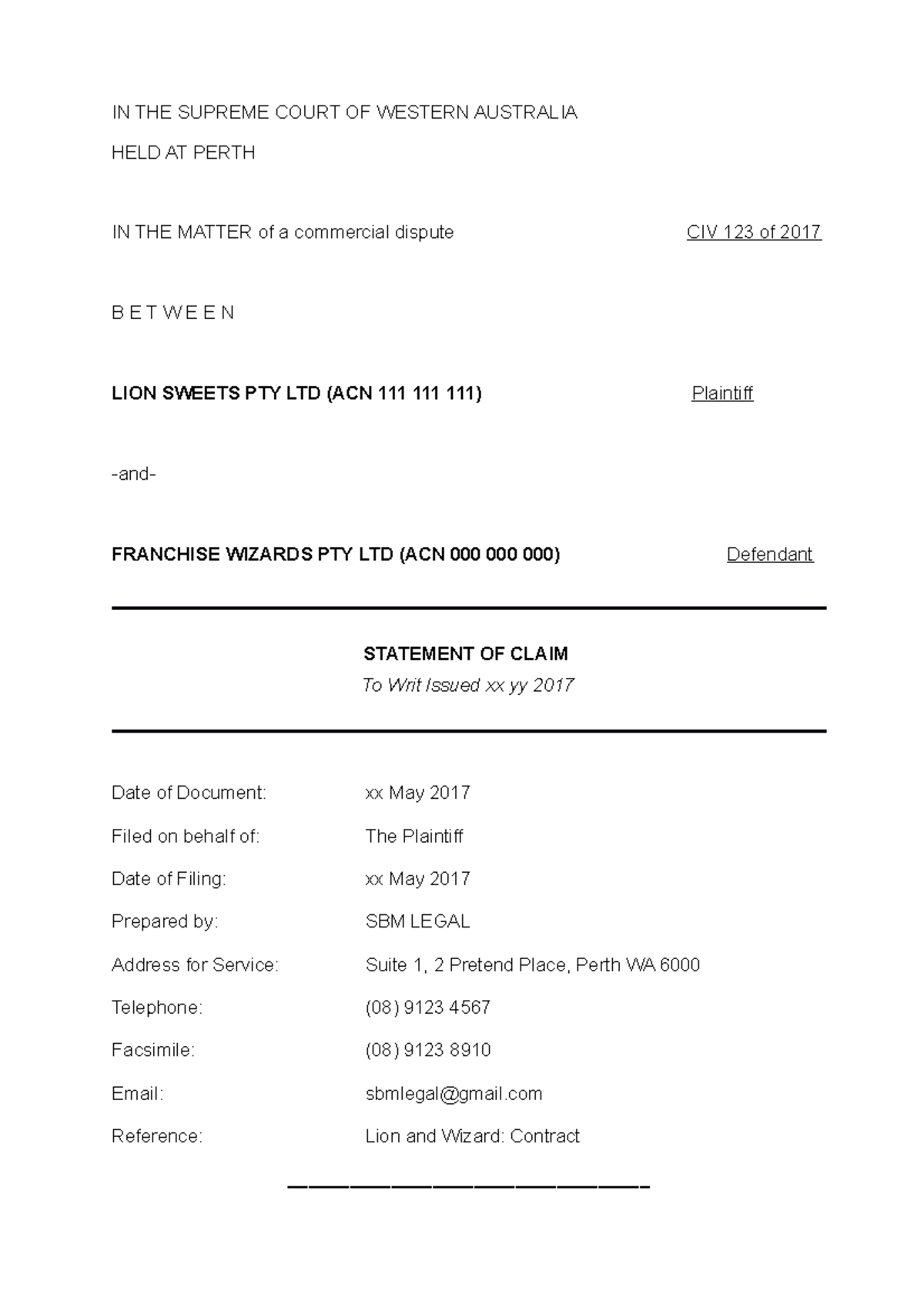 Statement of Claim - IN THE SUPREME COURT OF WESTERN AUSTRALIA HELD AT ...