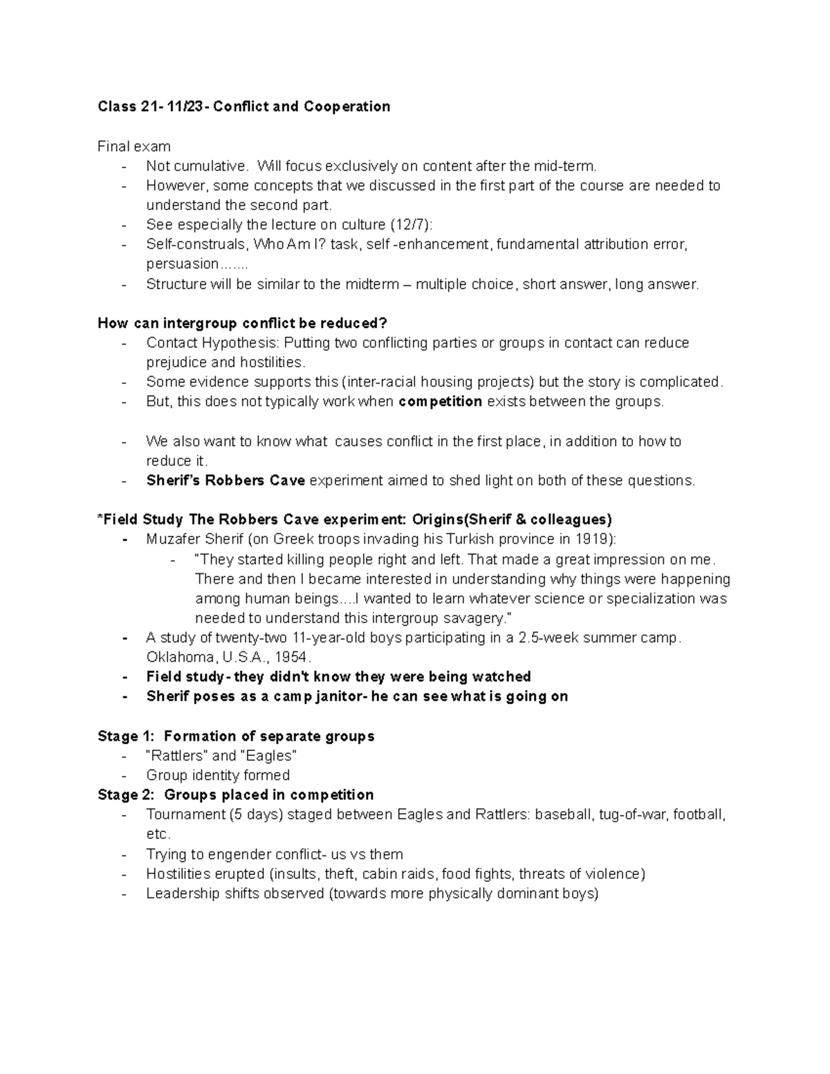 Class 21- 11 23- Conflict and Cooperation - Will focus exclusively on ...