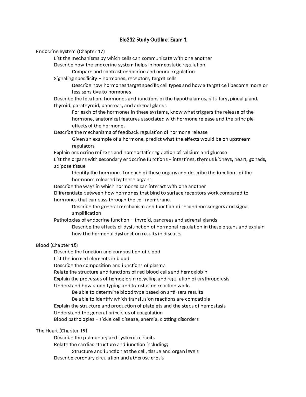 Bio232 Study Outline 1 S22 - Bio232 Study Outline: Exam 1 Endocrine ...
