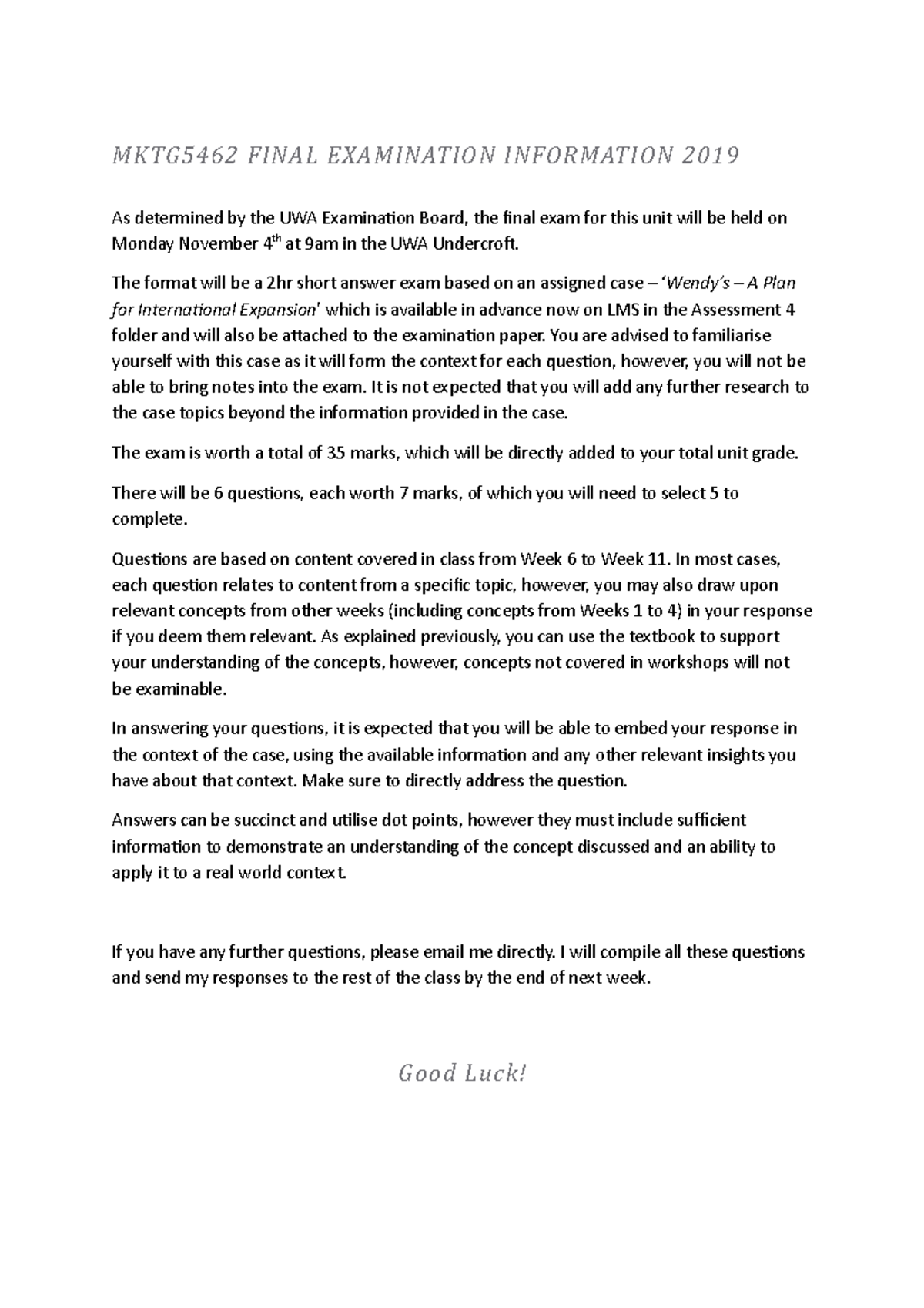 MKTG5462 Final Examination Information 2019 - MKTG5462 FINAL ...