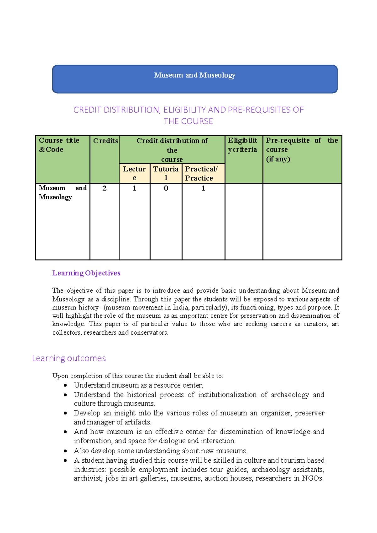 Museum and Museology (SEC) - CREDIT DISTRIBUTION, ELIGIBILITY AND PRE ...