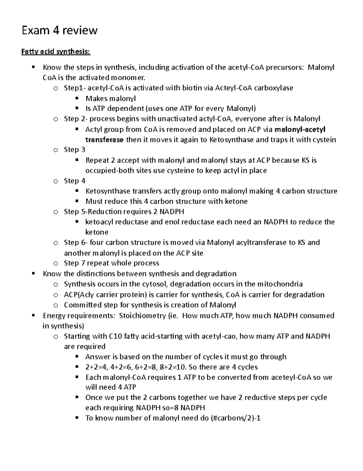 Exam 4 review - Exam 4 review Fatty acid synthesis: Know the steps in ...