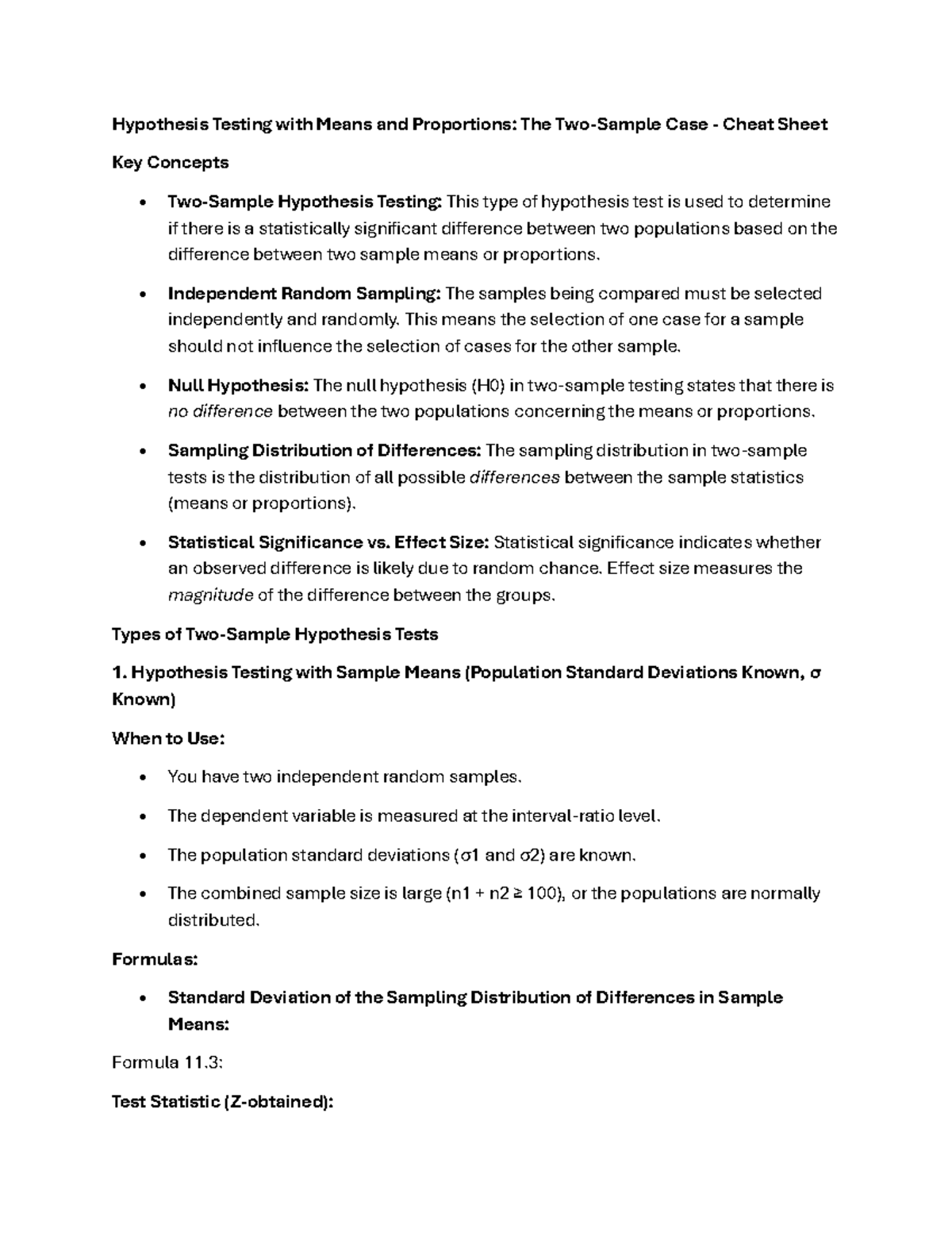 Chapter 11 cheat sheet - Hypothesis Testing with Means and Proportions ...