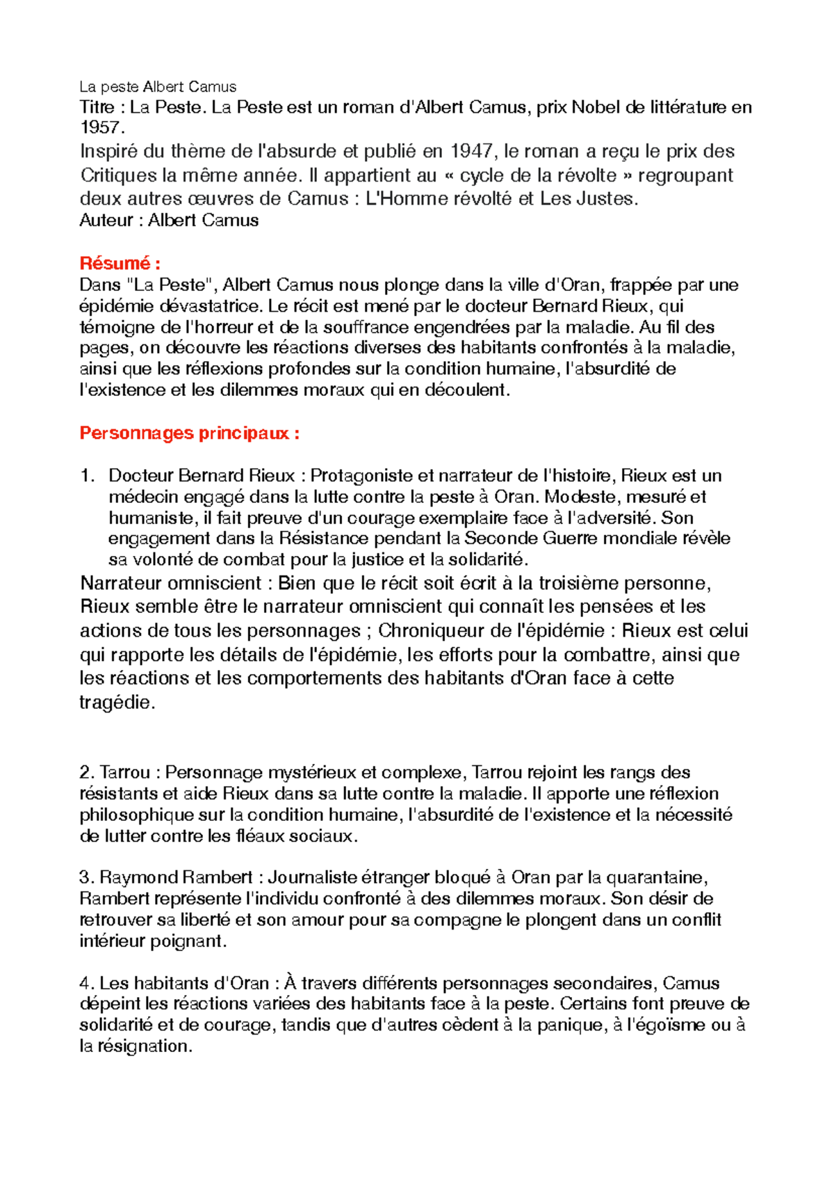 Fiche de lecture La peste - La peste Albert Camus Titre : La Peste. La ...