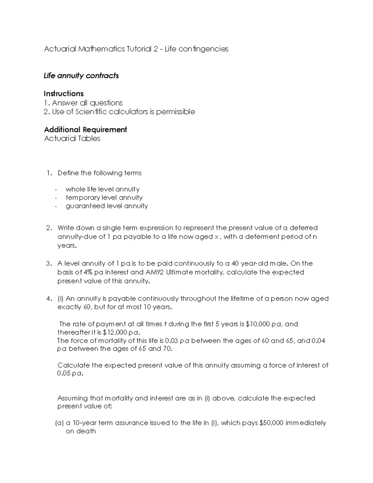 Life contingencies Tutorial 2 - Actuarial Mathematics Tutorial 2 - Life ...