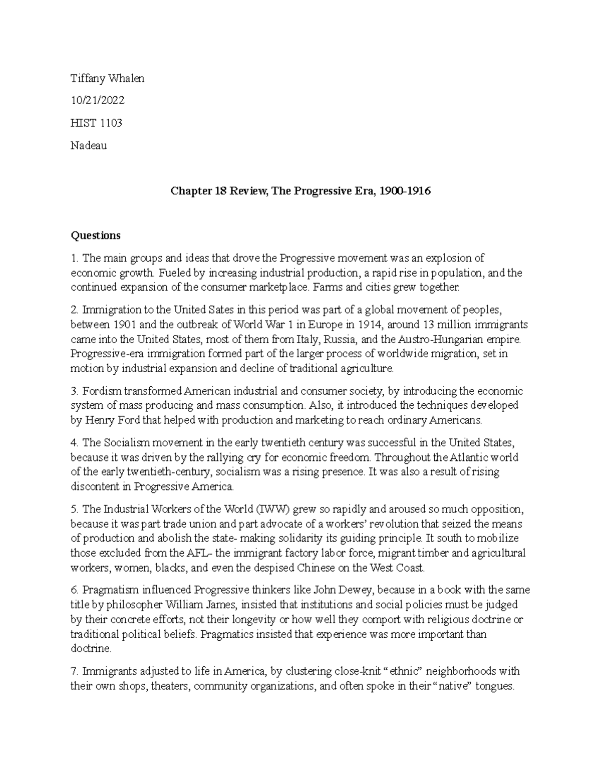 HIST 1103, Chapter 18 Review - Tiffany Whalen 10/21/ HIST 1103 Nadeau ...