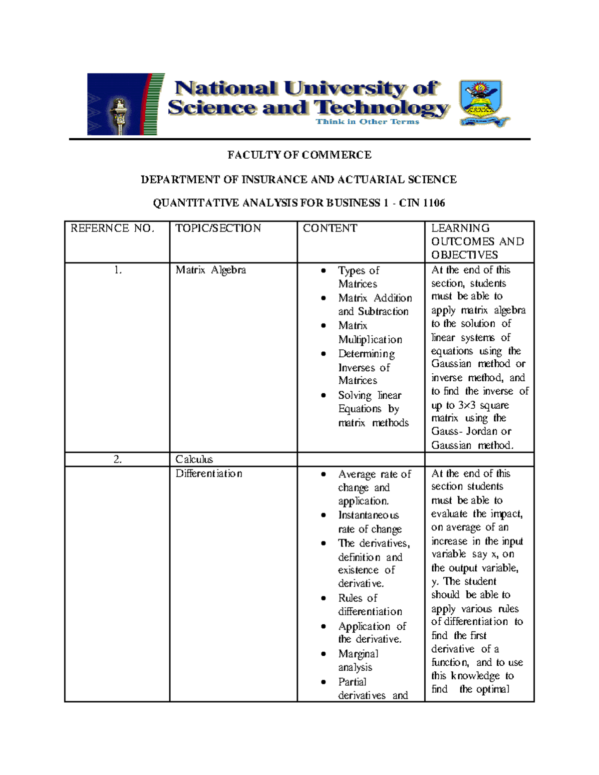 NUST Qab 1 course outline-1 pdf - FACULTY OF COMMERCE DEPARTMENT OF ...