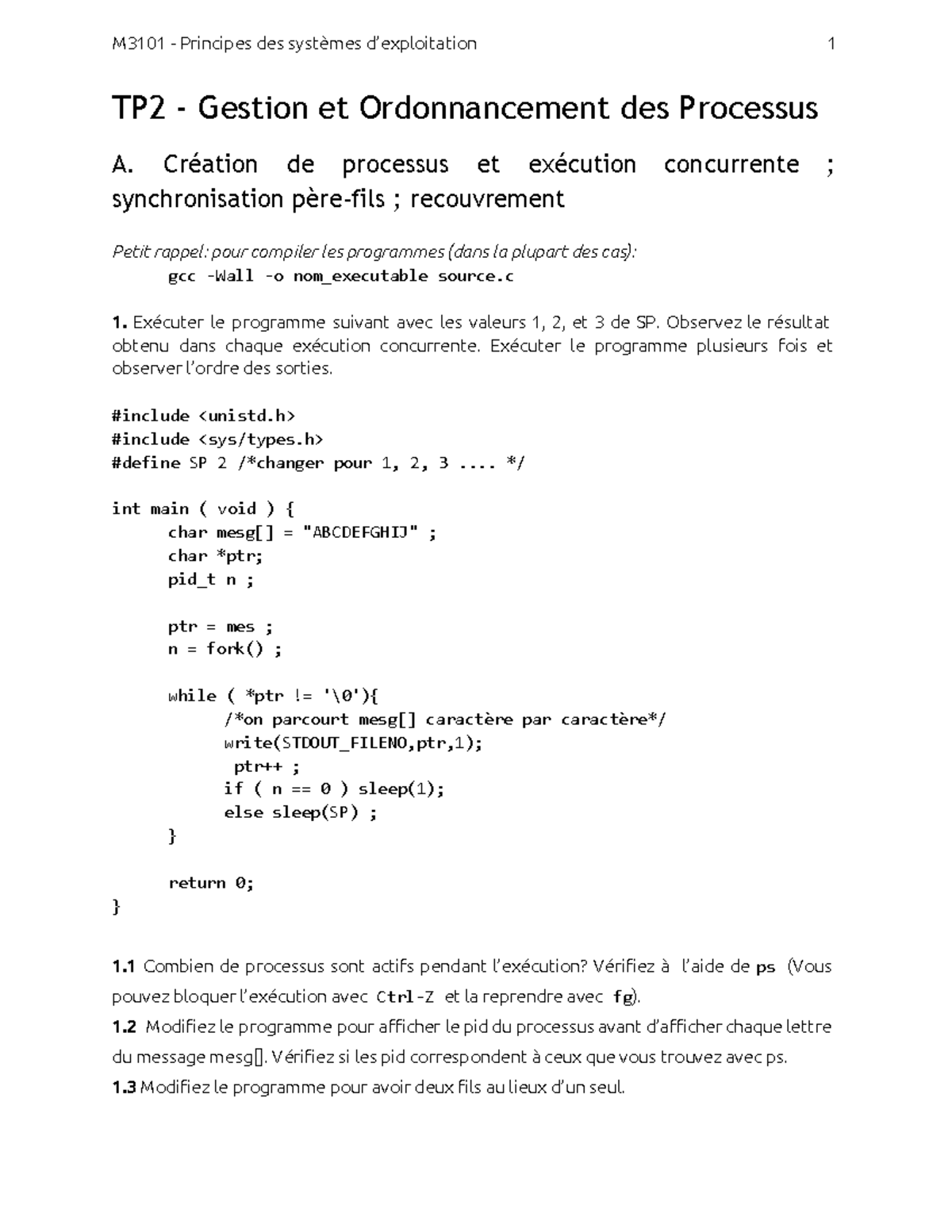 M3101 TP2 - Question sur le fonctionnement d'un système d'exploitation - TP2 - Gestion et - Studocu