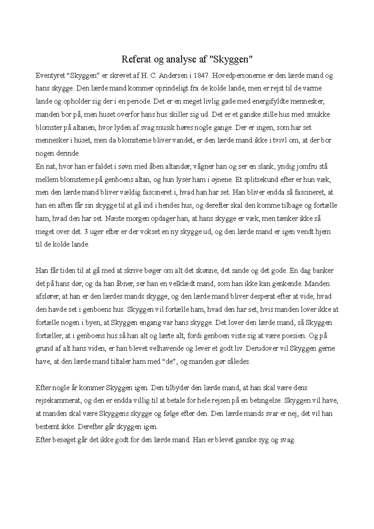 Skyggen af H.C. Andersen - referat og analyse - Referat og analyse af ...