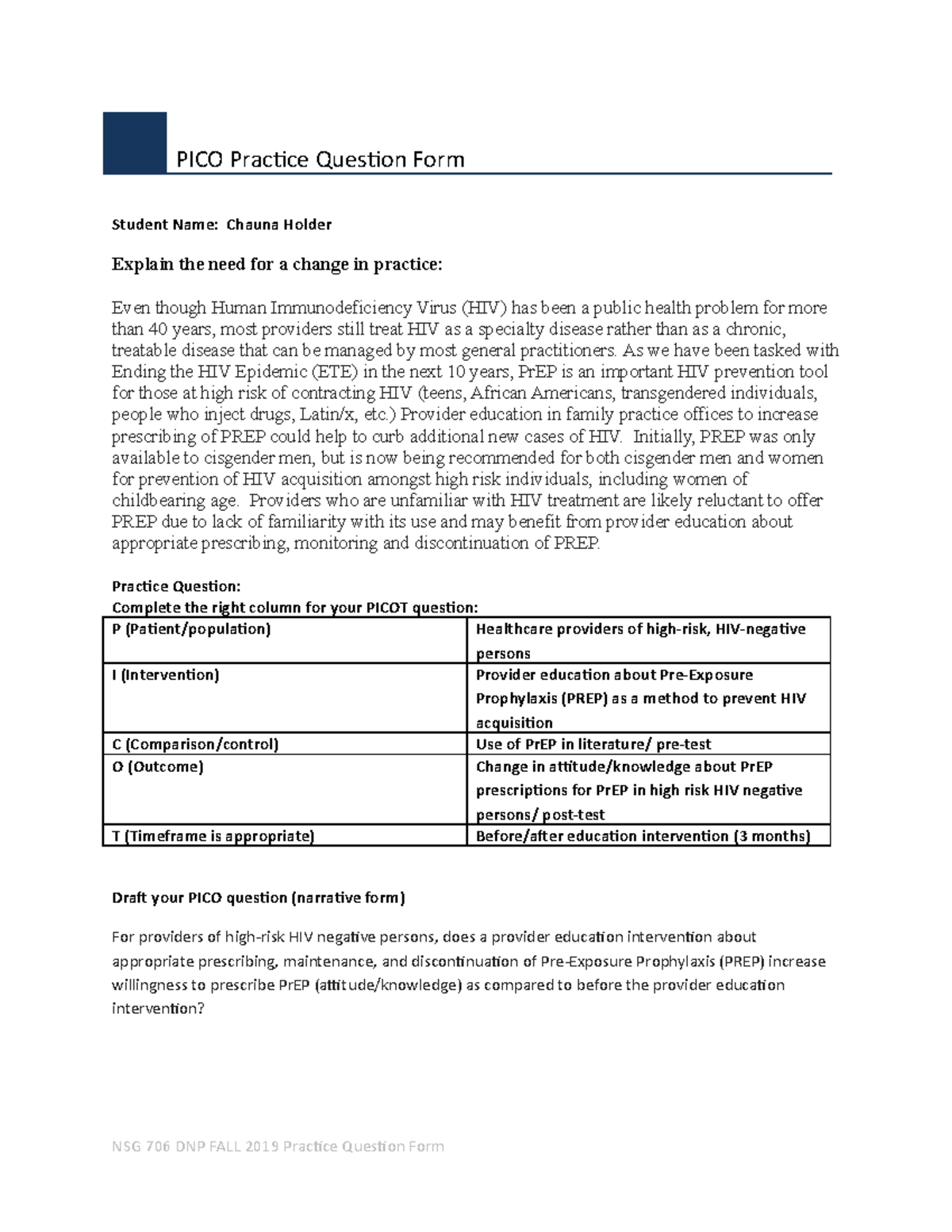 Holder Final Revised Picot NSG 706 Practice Question Form - PICO ...