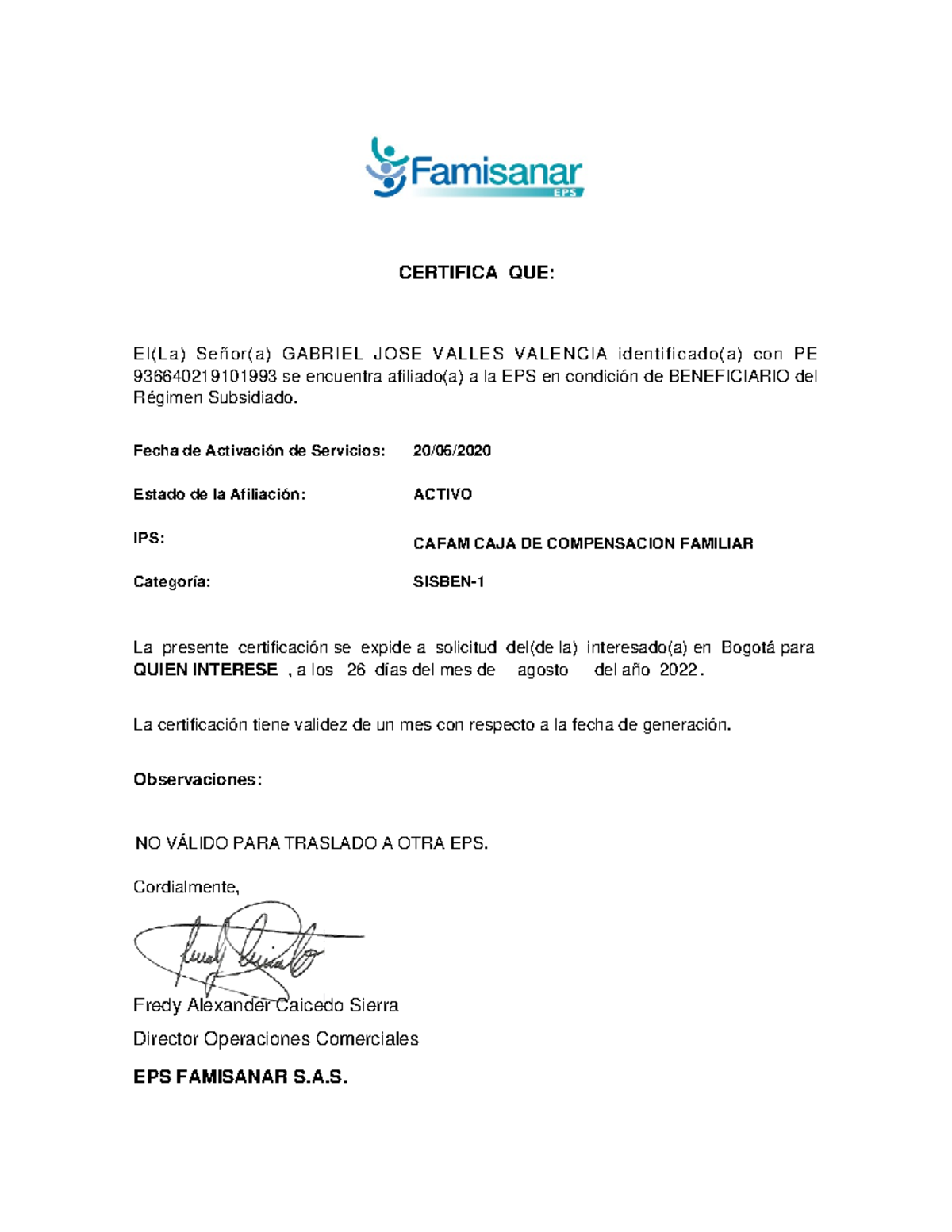 Reporte - CERTIFICA QUE: El(La) Señor(a) GABRIEL JOSE VALLES VALENCIA ...