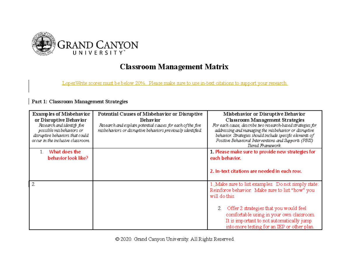 Exemplar Matrix - Work - Classroom Management Matrix LopesWrite scores ...