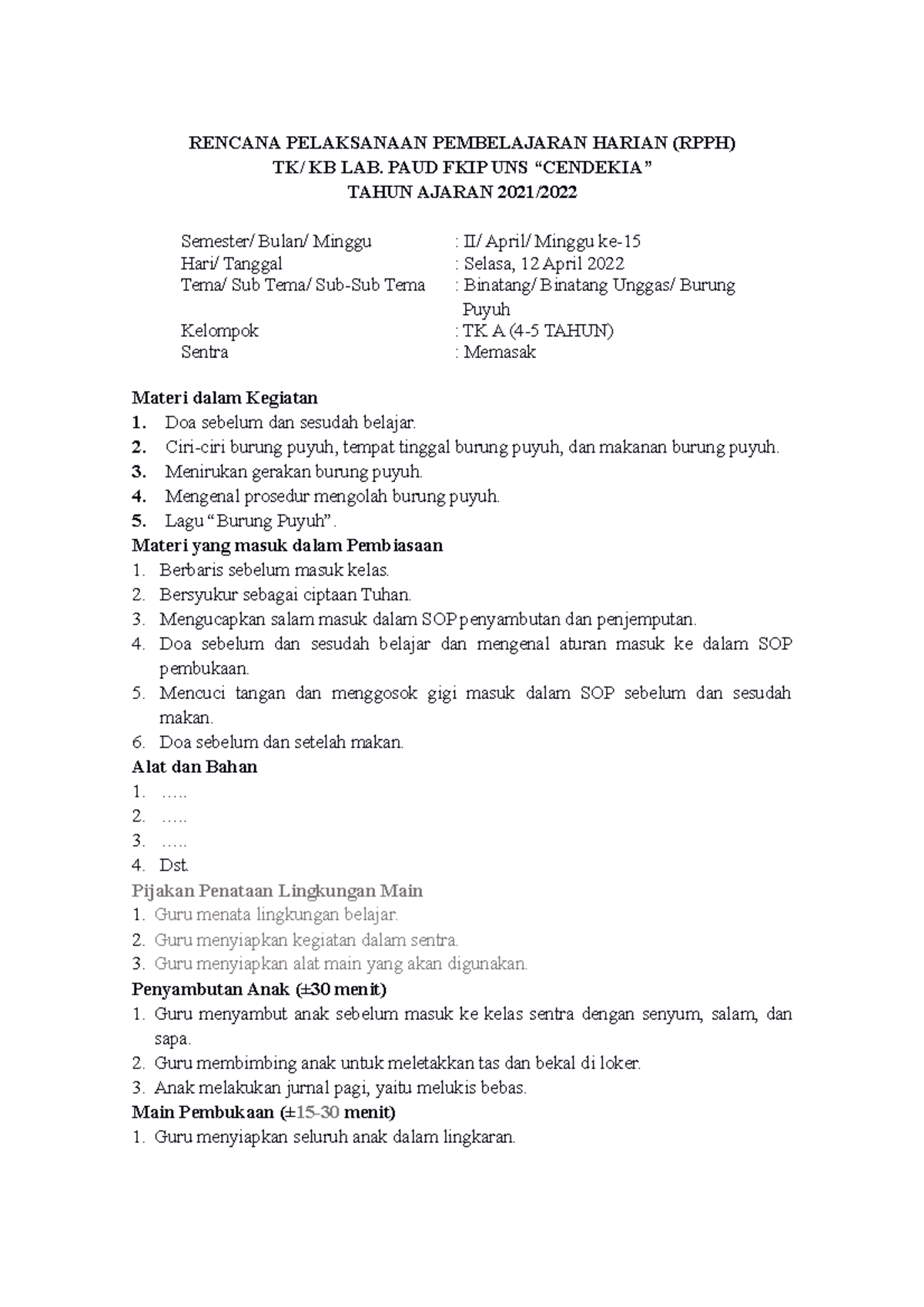 Contoh RPPH Model Sentra ( Sentra Memasak 1) - RENCANA PELAKSANAAN ...