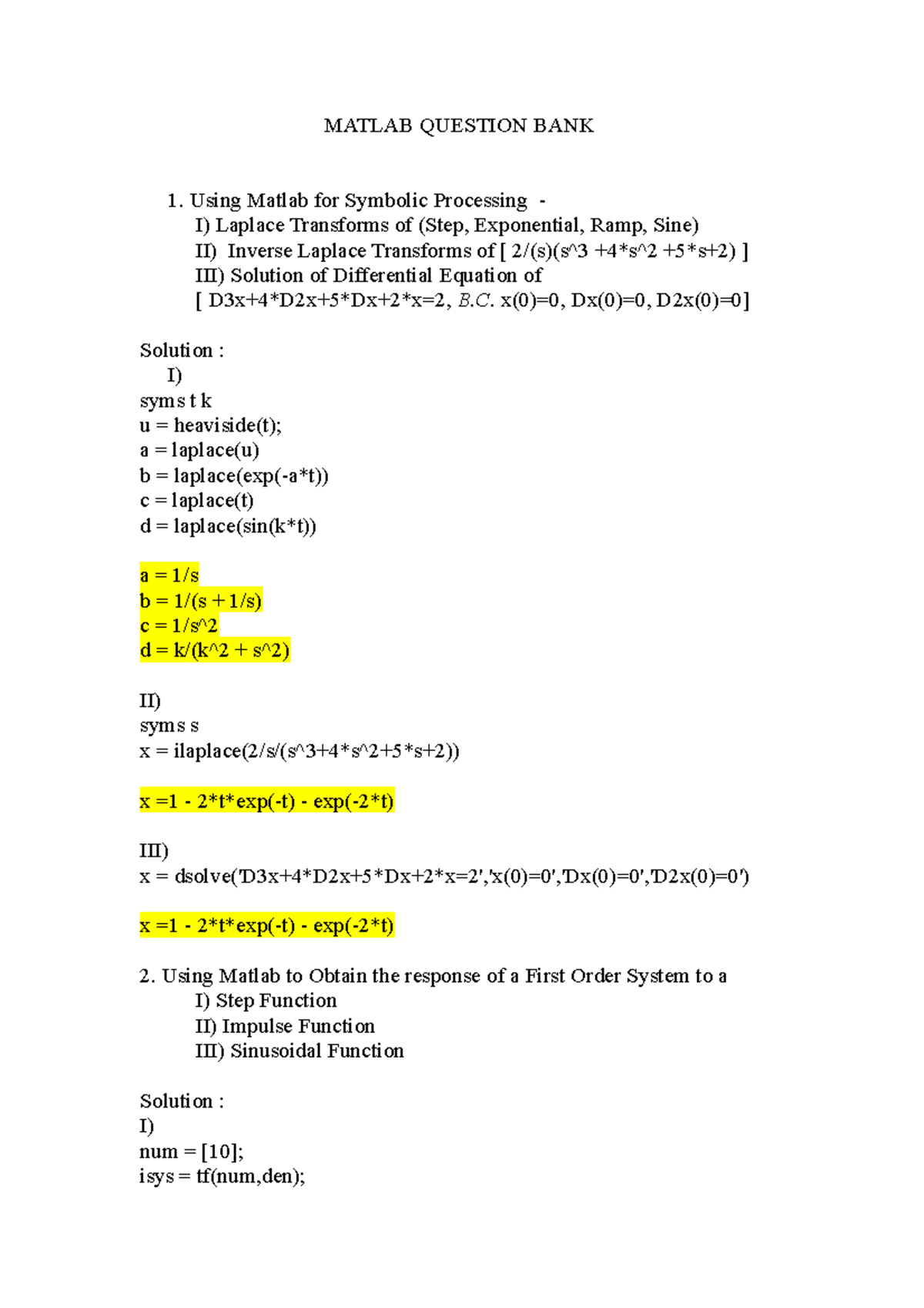 Matlab Question BANK - MATLAB QUESTION BANK Using Matlab for Symbolic ...