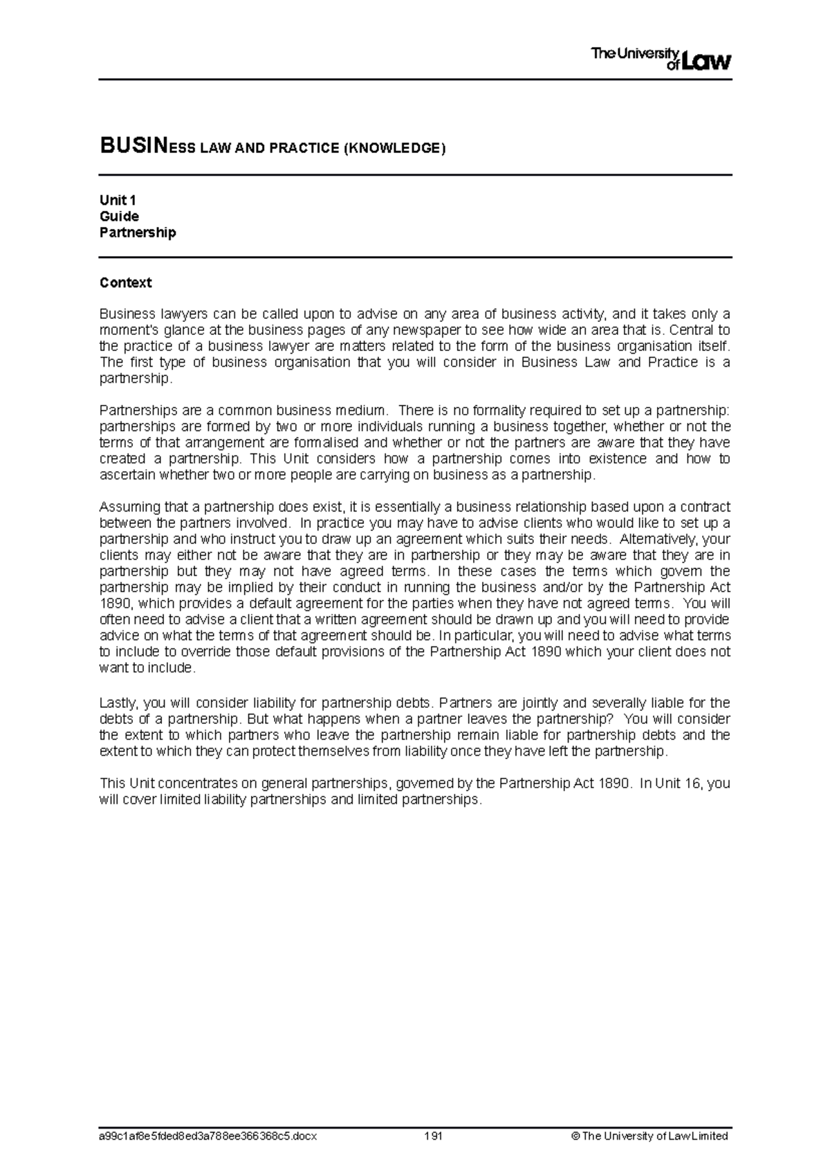 BLP - Workshop 1 - Partnership - BUSINESS LAW AND PRACTICE (KNOWLEDGE) Unit 1 Guide Partnership ...