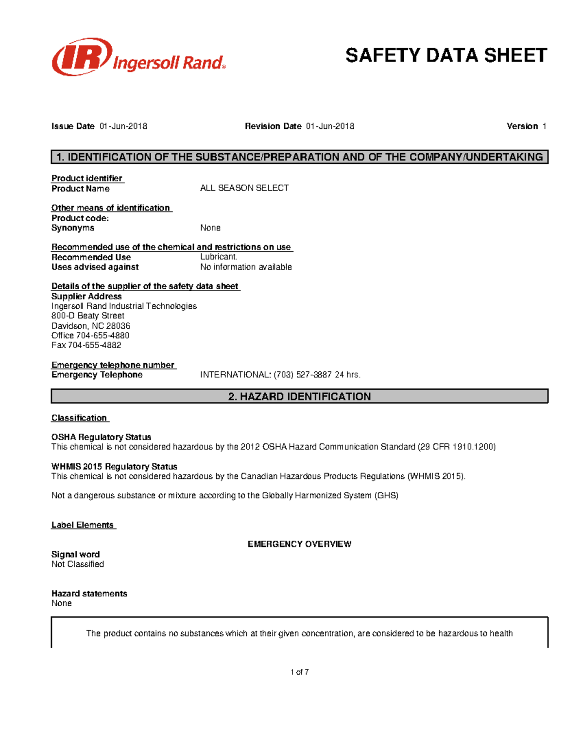All season t30 select sds - SAFETY DATA SHEET Issue Date 01-Jun-2018 ...