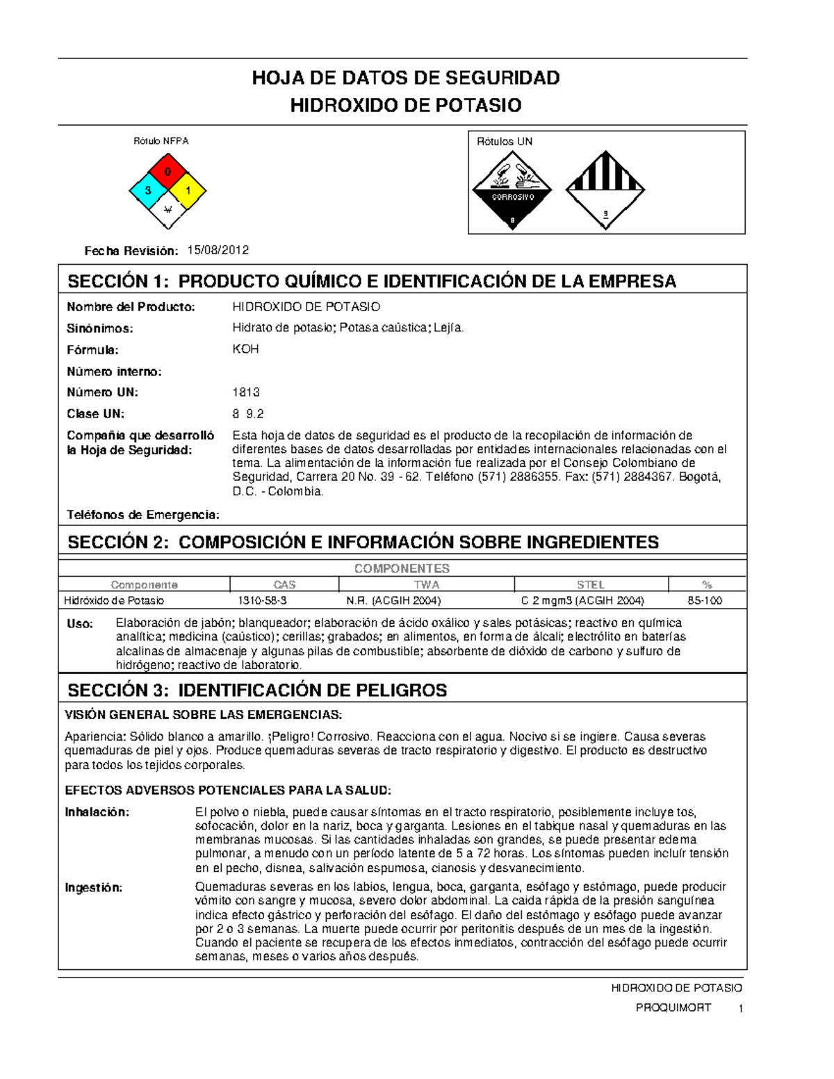 HOJA DE Seguridad DEL KOH - HOJA DE DATOS DE SEGURIDAD HIDROXIDO DE ...