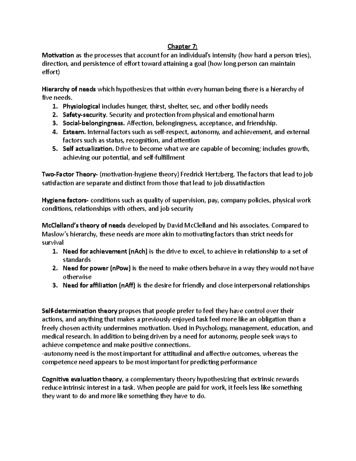 organiational behavior notes - Chapter 7: Motivation as the processes ...