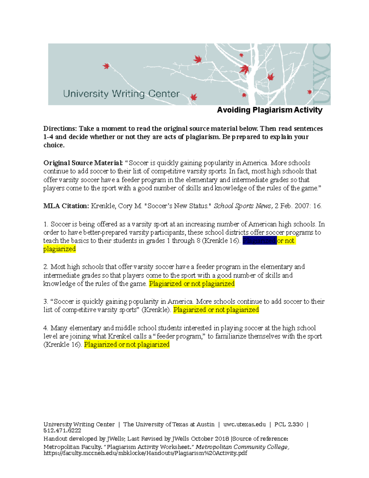 Activity for Avoiding Plagiarism - Avoiding Plagiarism Activity ...