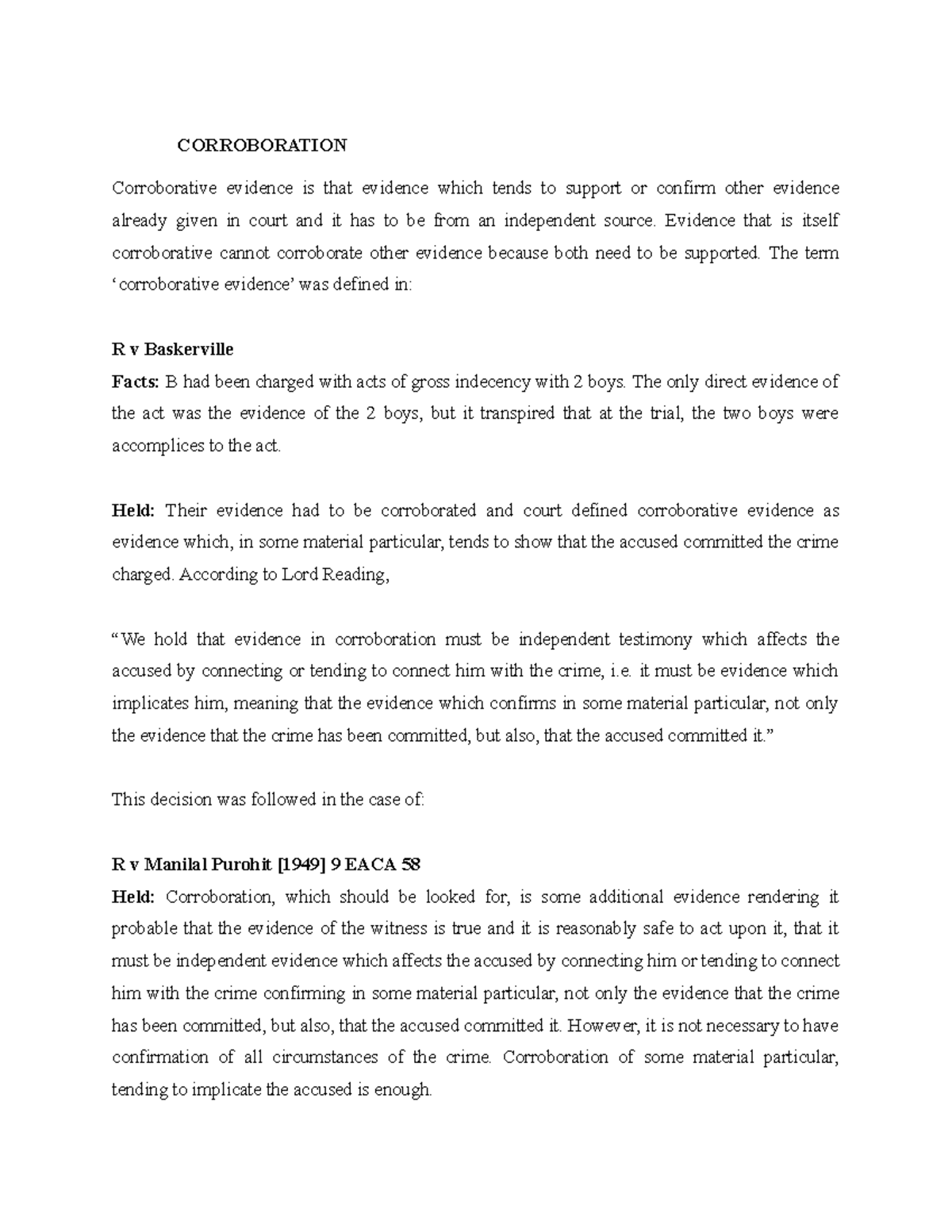 coroboration evidence in uganda - CORROBORATION Corroborative evidence ...