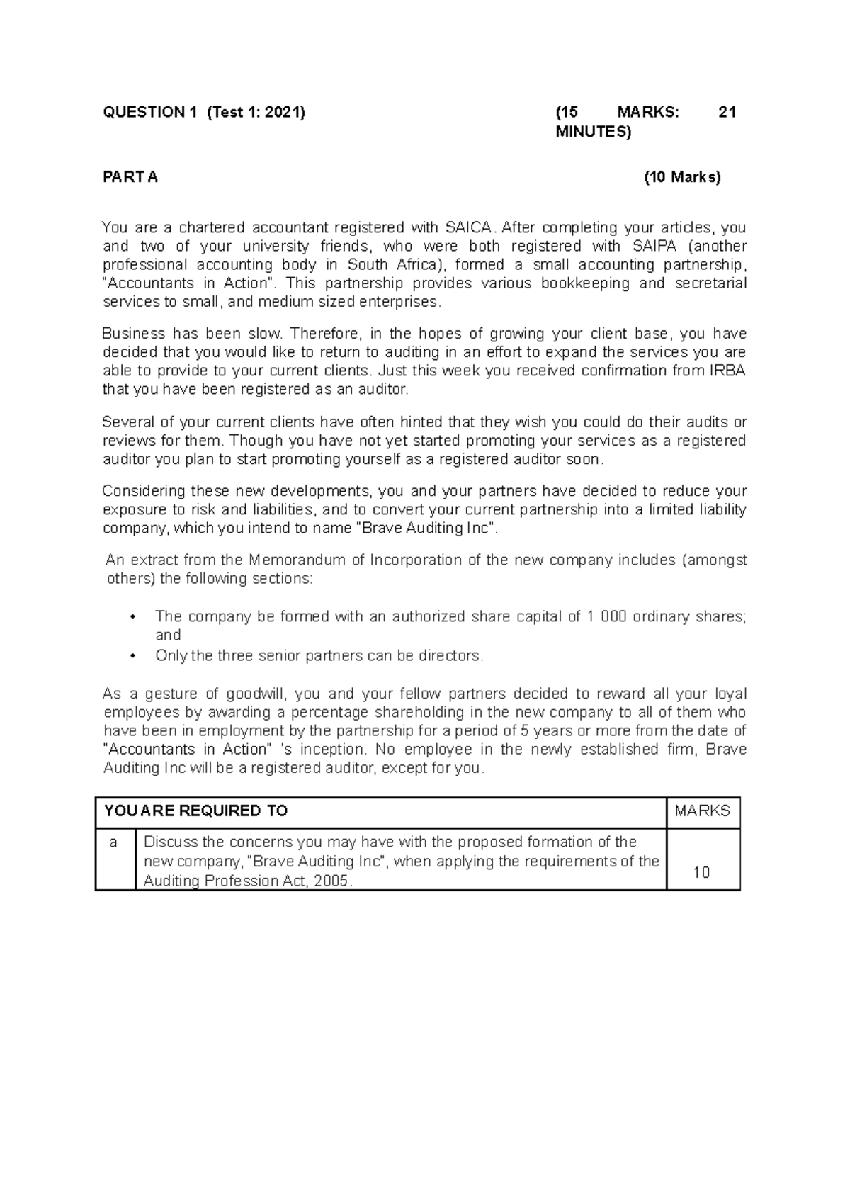 4. RGOV Brave Auditing Inc (question) - QUESTION 1 (Test 1: 2021) (15 ...