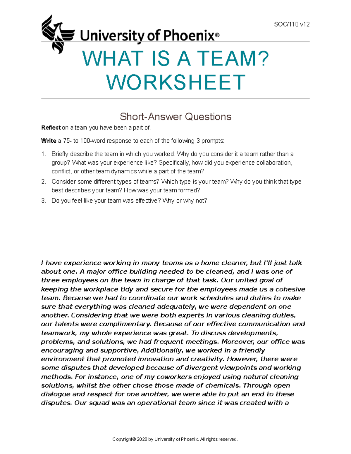 Week 1 - practicw - SOC/110 v WHAT IS A TEAM? WORKSHEET Short-Answer ...