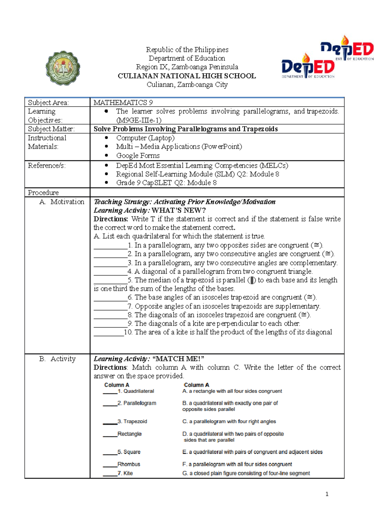 Lesson PLAN IN MATH 9 3RD Quarter W4 - Republic of the Philippines ...