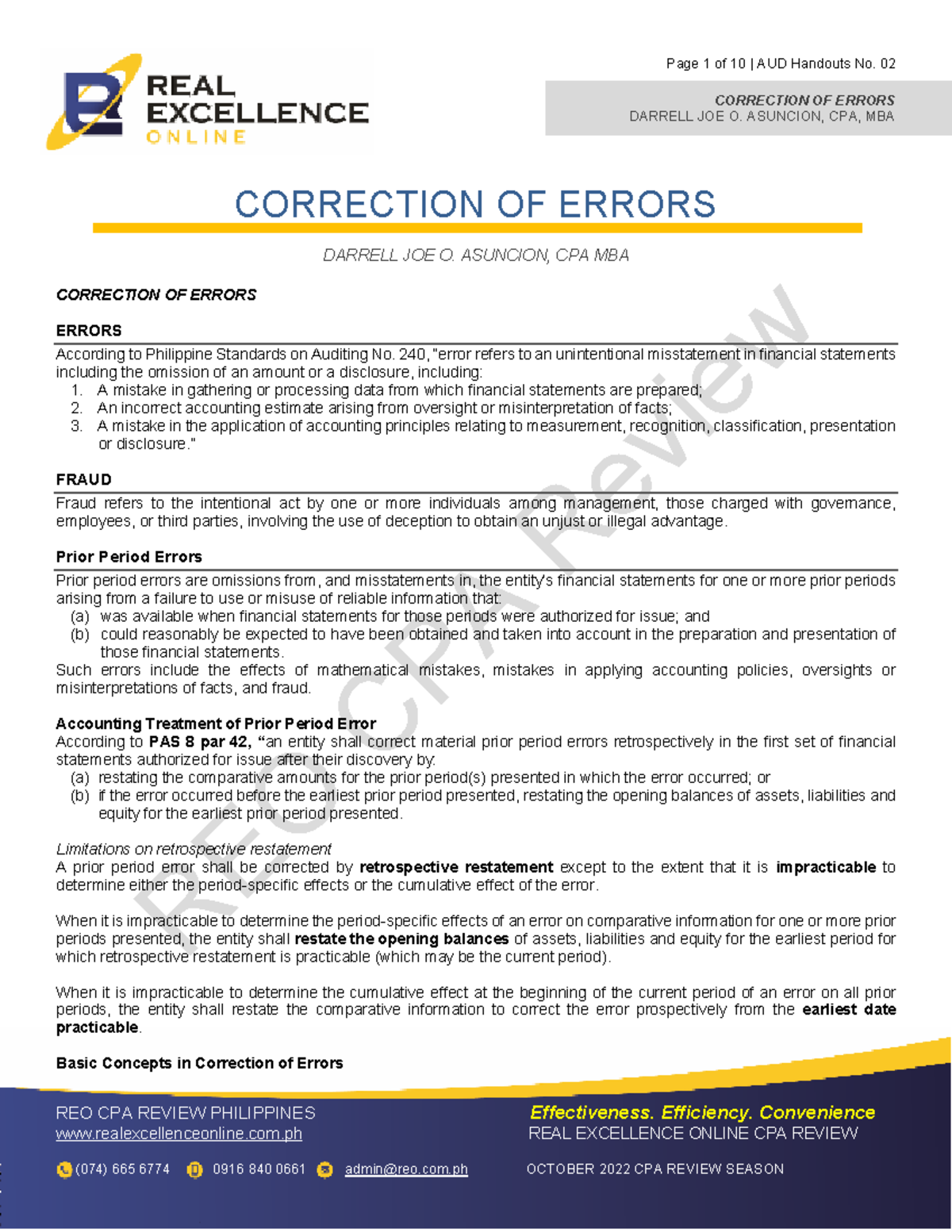 02 REO Correction of Errors - REO CPA Review CORRECTION OF ERRORS DARRELL JOE O. ASUNCION, CPA ...