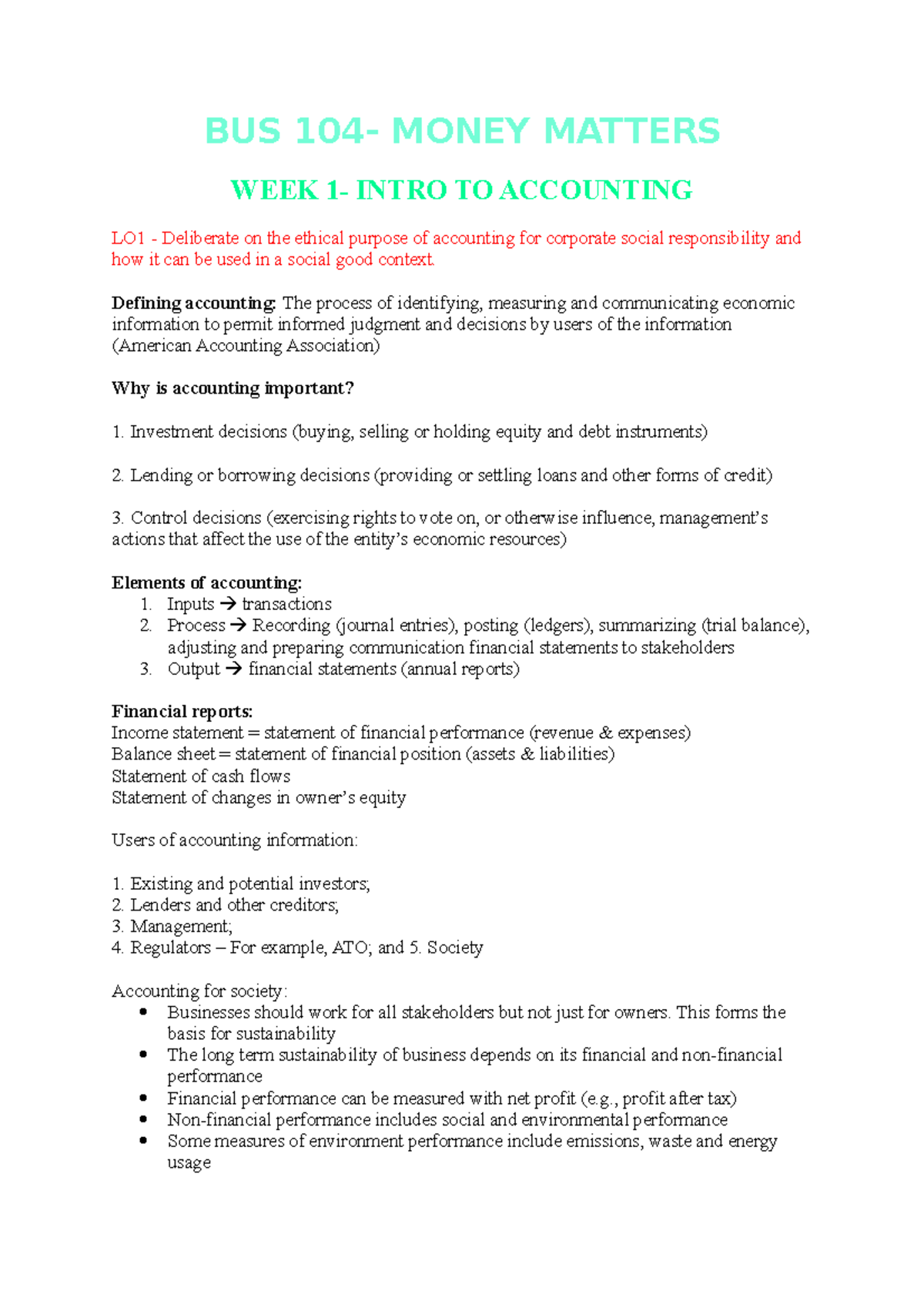 BUS 104 - Money Matters copy - BUS 104- MONEY MATTERS WEEK 1- INTRO TO ...