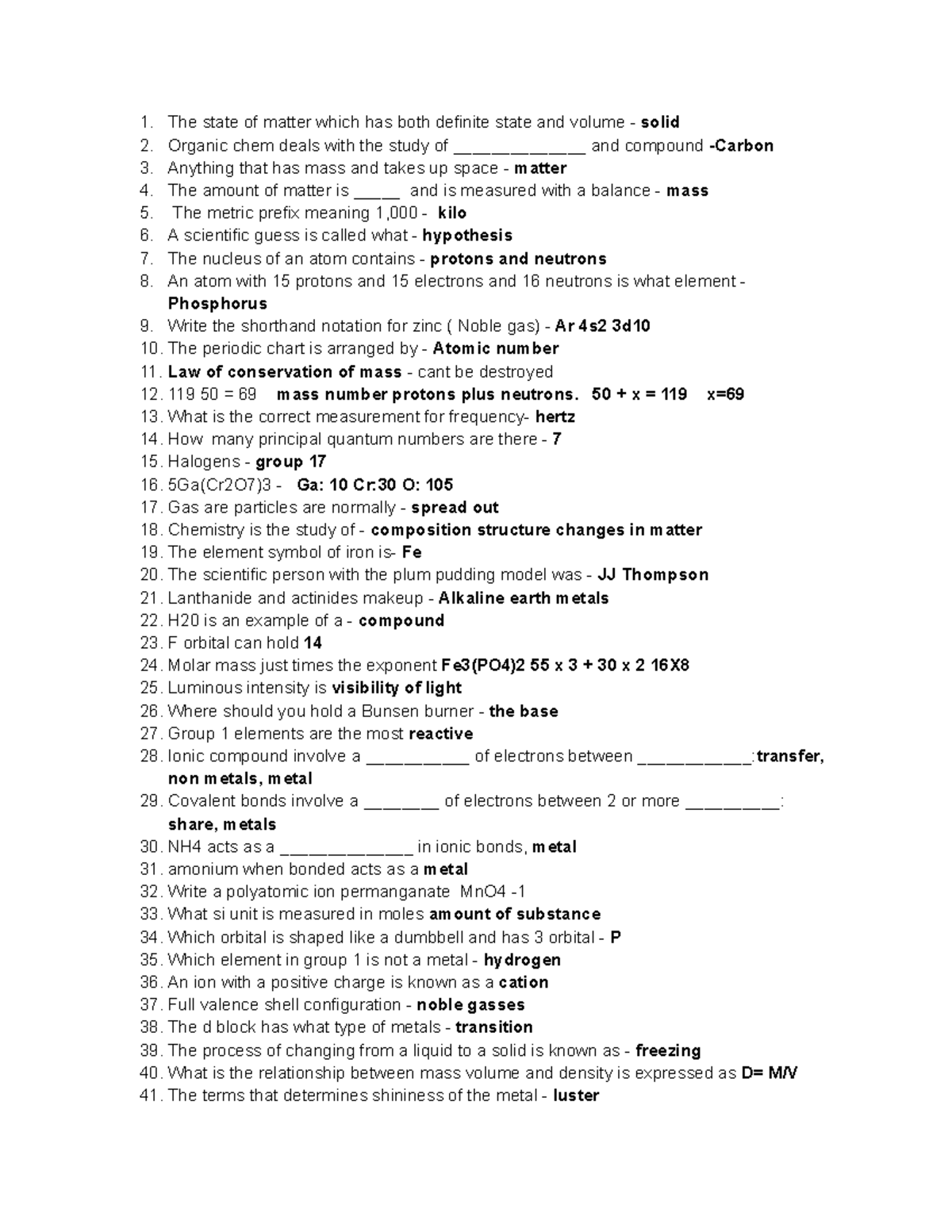 Chem exam notes easy - Exam questions for a final chem exam - The state ...