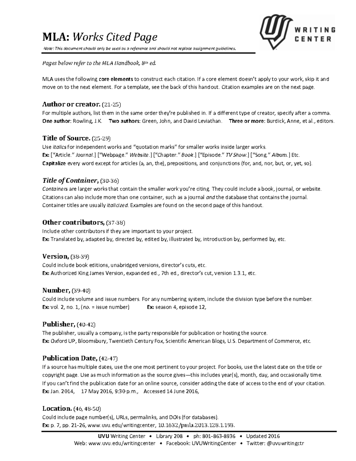 Style Guide - MLA - 2016 - Works Cited - Note: This document should ...
