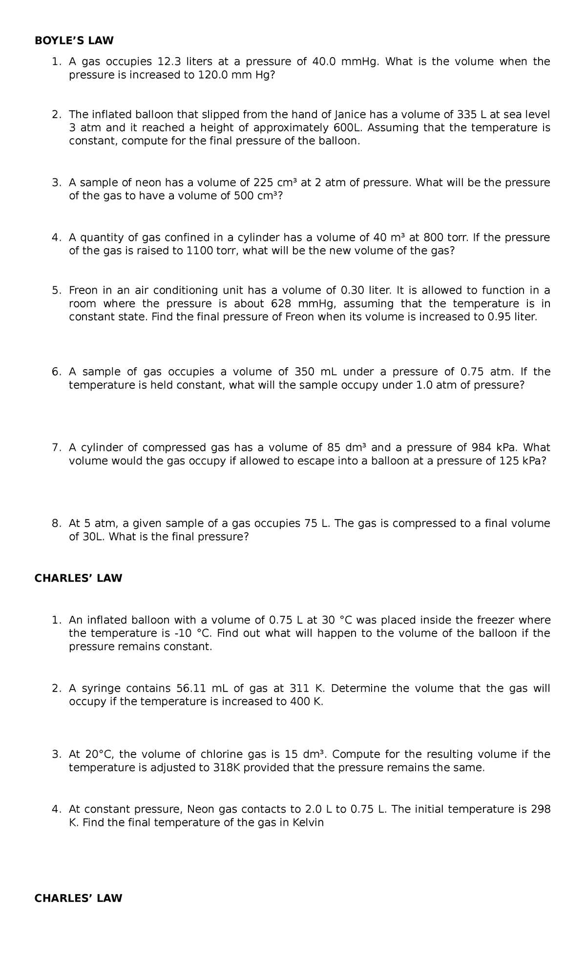 Boyles LAW - BOYLE’S LAW A gas occupies 12 liters at a pressure of 40 ...