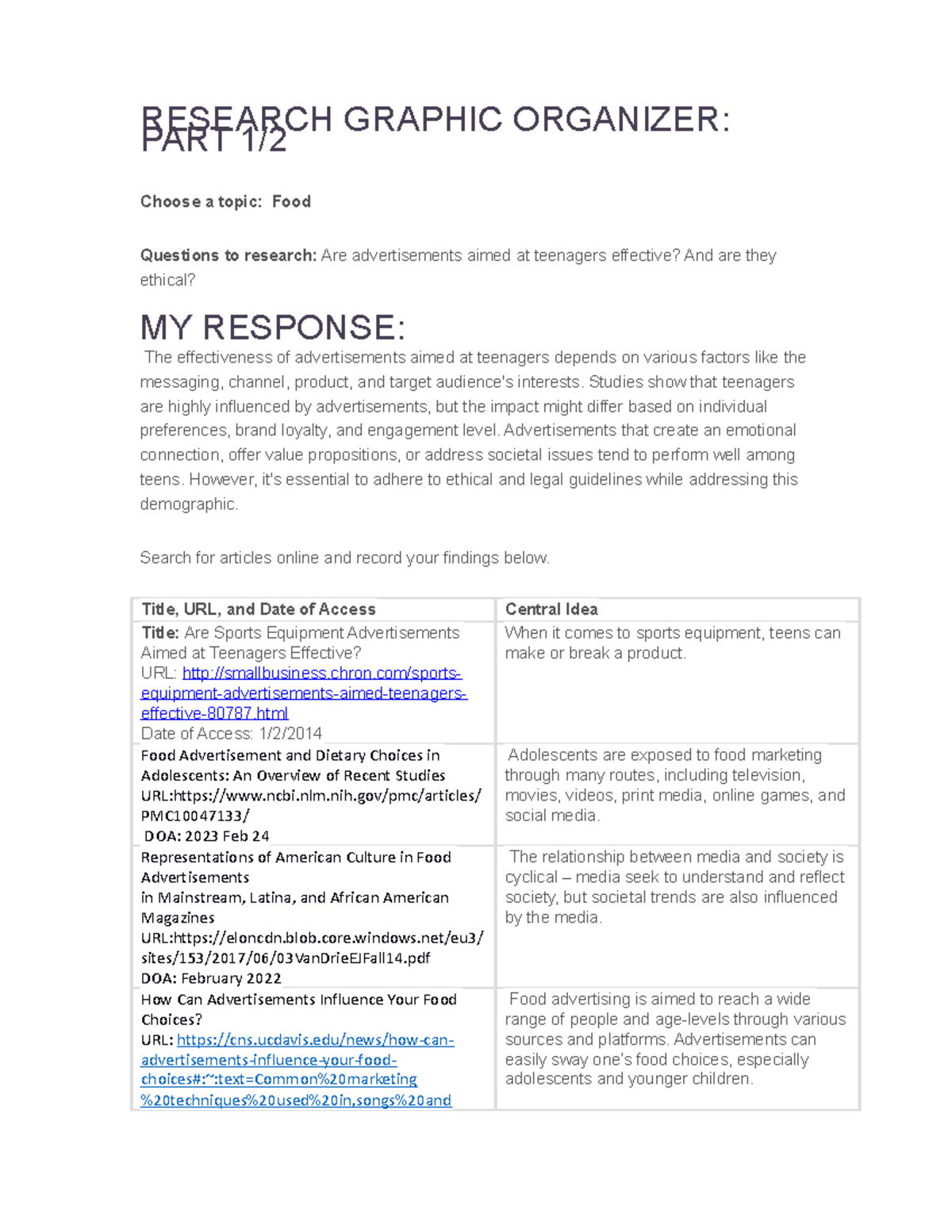 Outline - math i think - RESEARCH GRAPHIC ORGANIZER: PART 1/ Choose a ...