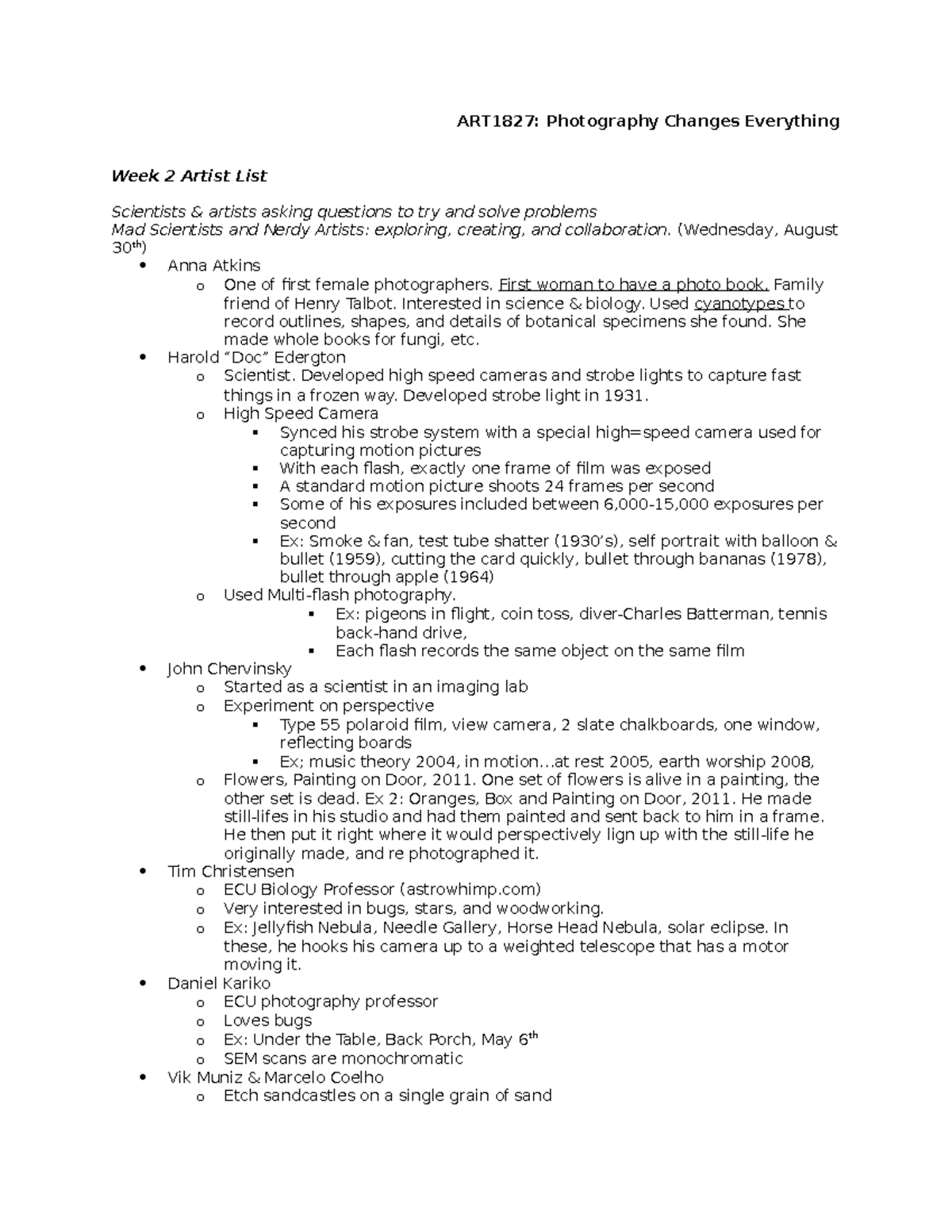 Week 2 Artist Lists - Lecture notes 2 - ART1827: Photography Changes ...
