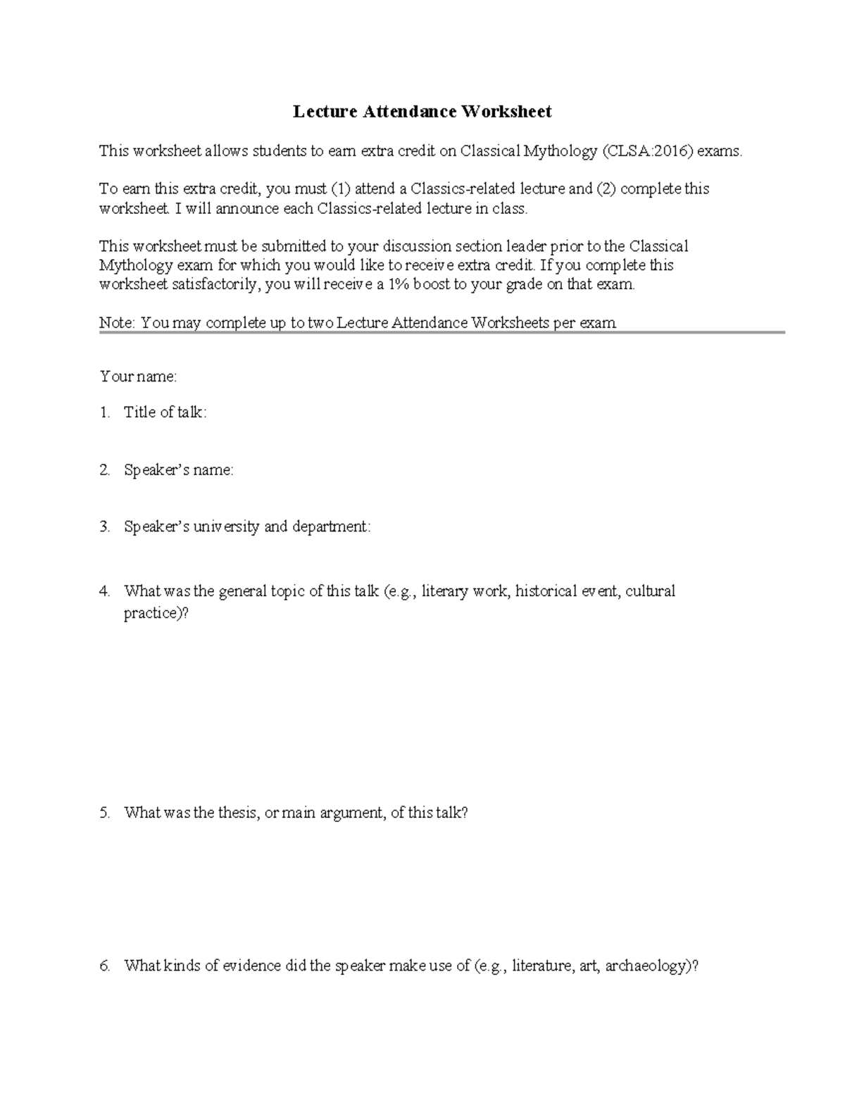 Extra Credit Lecture Attendance Worksheet - Lecture Attendance ...
