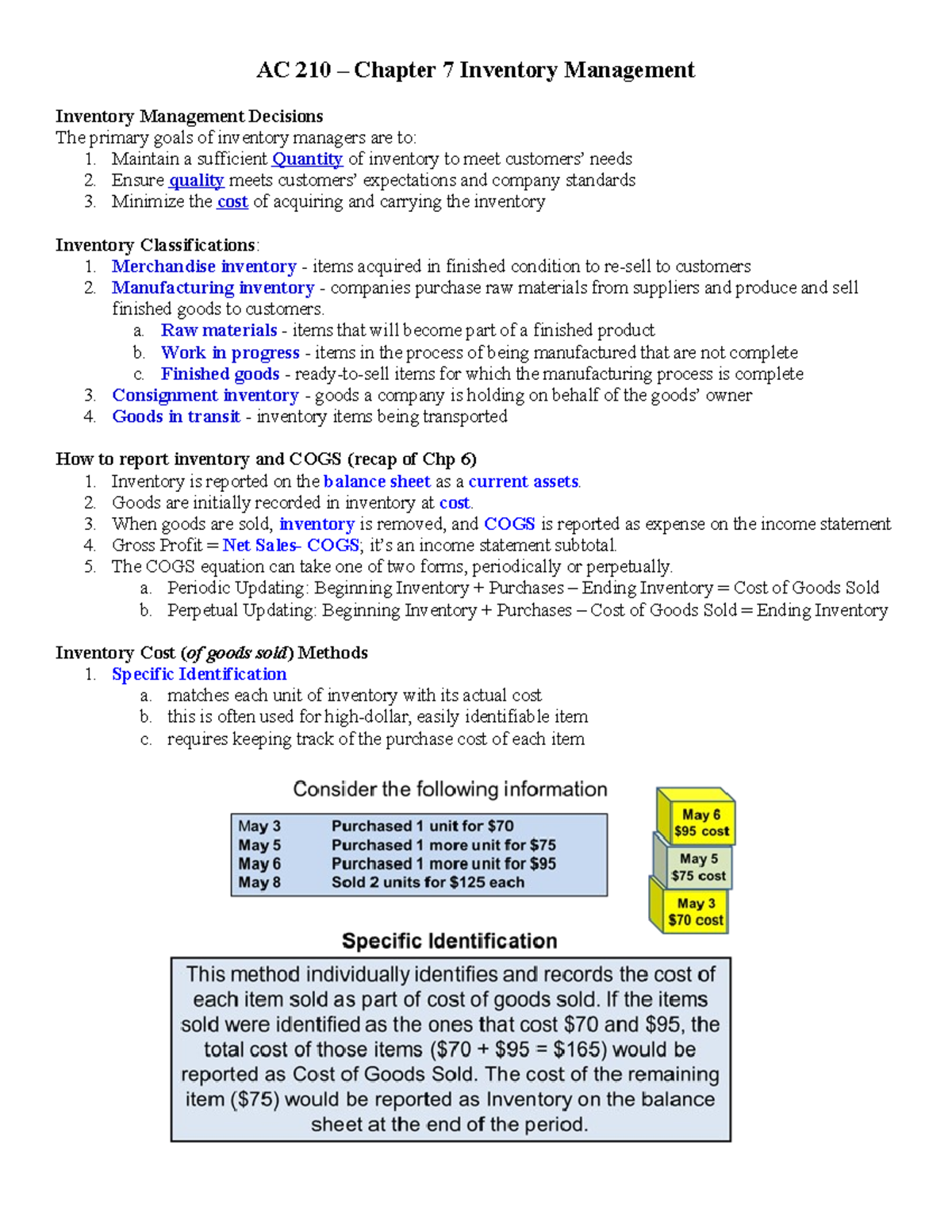 Chapter 7 handout - AC 210 – Chapter 7 Inventory Management Inventory ...