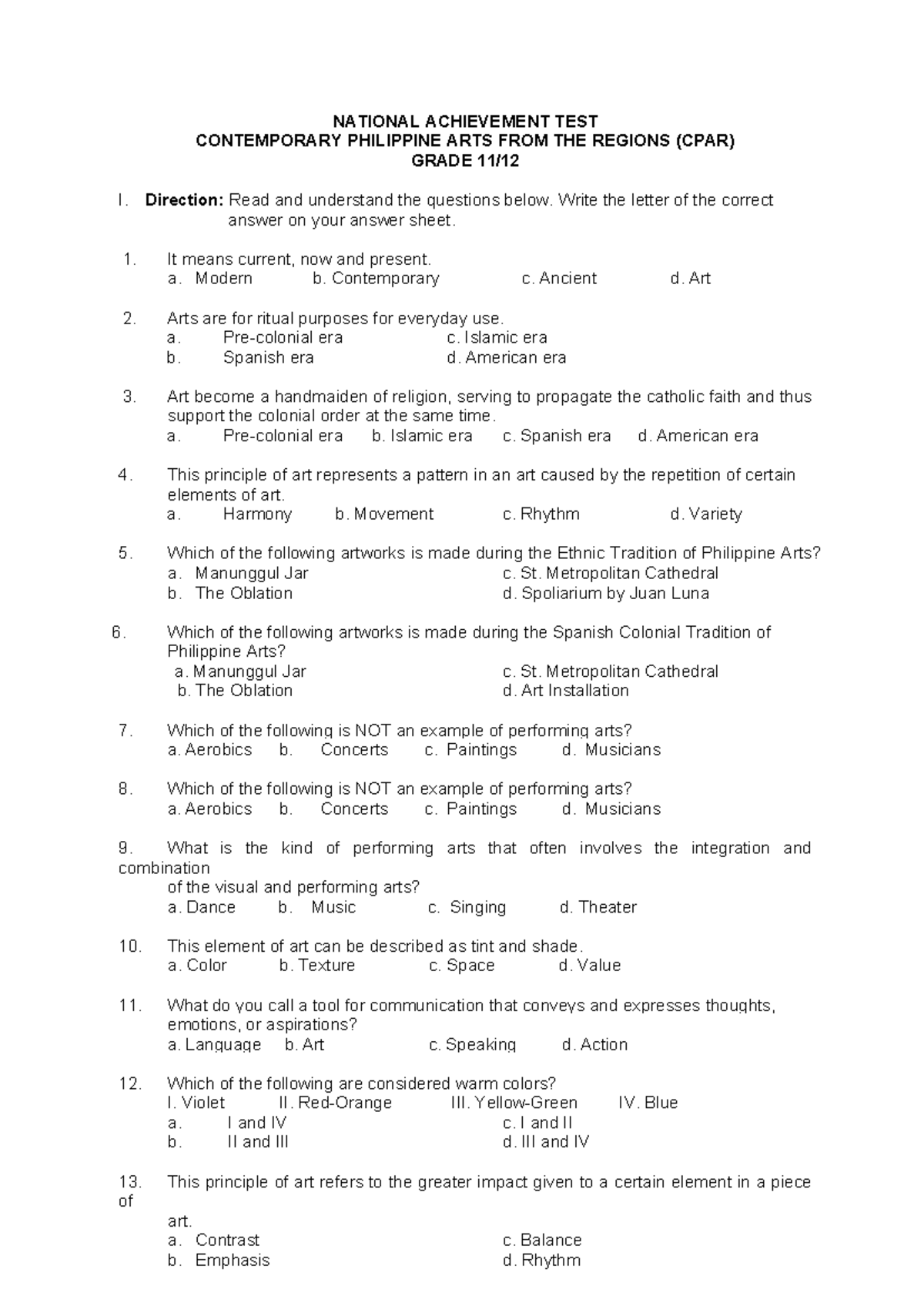 NAT- Reviewer-CPAR - NATIONAL ACHIEVEMENT TEST CONTEMPORARY PHILIPPINE ...