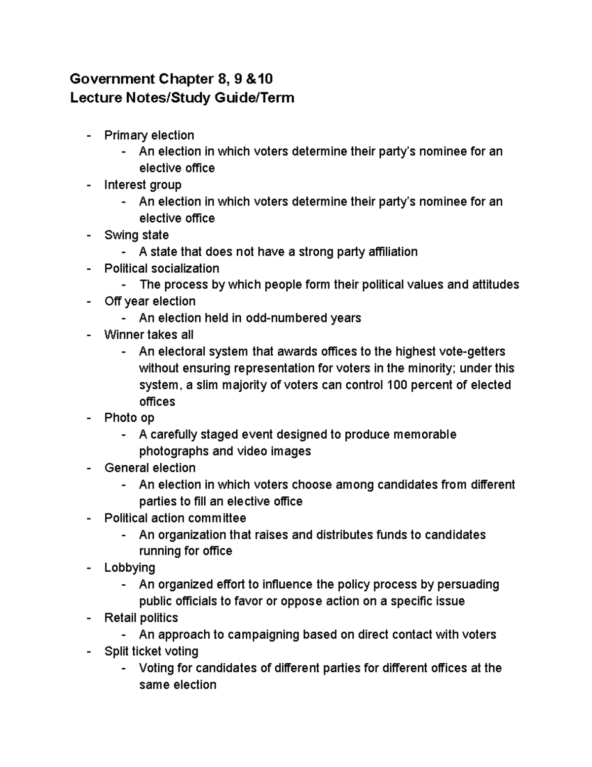 Government Chapter 8, 9 &10 Lecture Notes Study Guide - Government ...