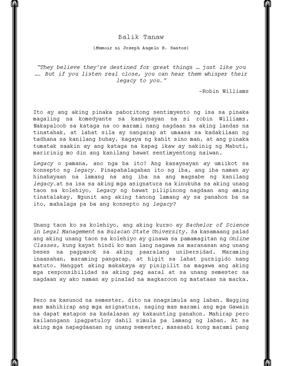 Balik Tanaw - Notes - Balik Tanaw (Memoir ni Joseph Angelo B. Santos ...