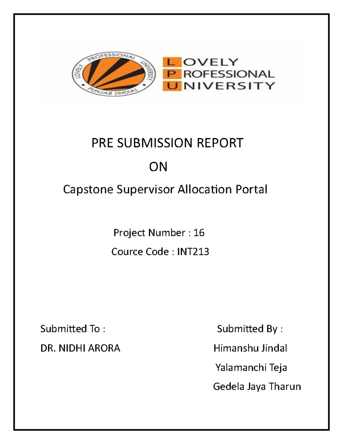 Project-16 PRE Submission Report - PRE SUBMISSION REPORT ON Capstone Supervisor Allocation ...