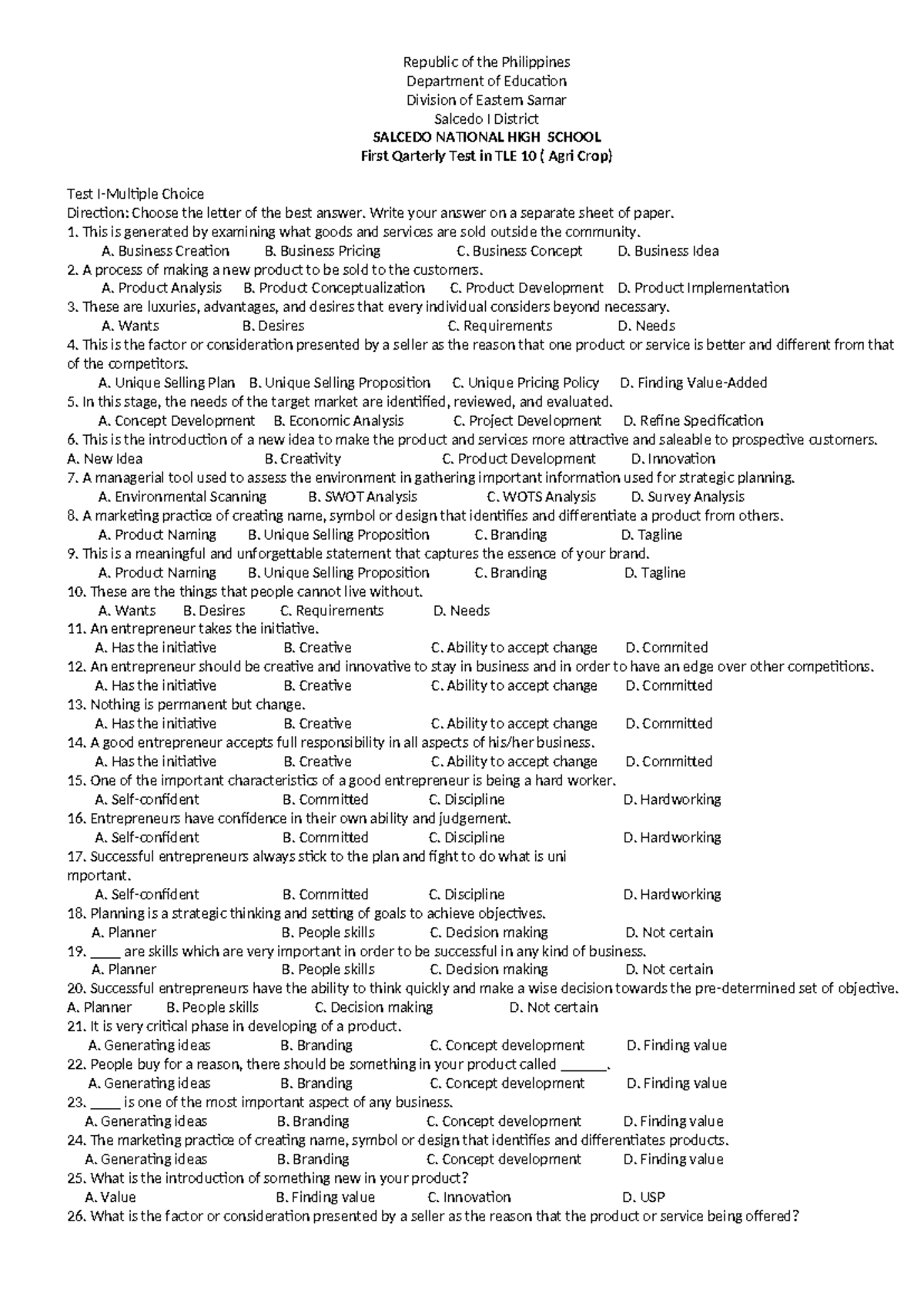 1st and 2nd Quarter Test Questions 2023-2024 - Republic of the ...