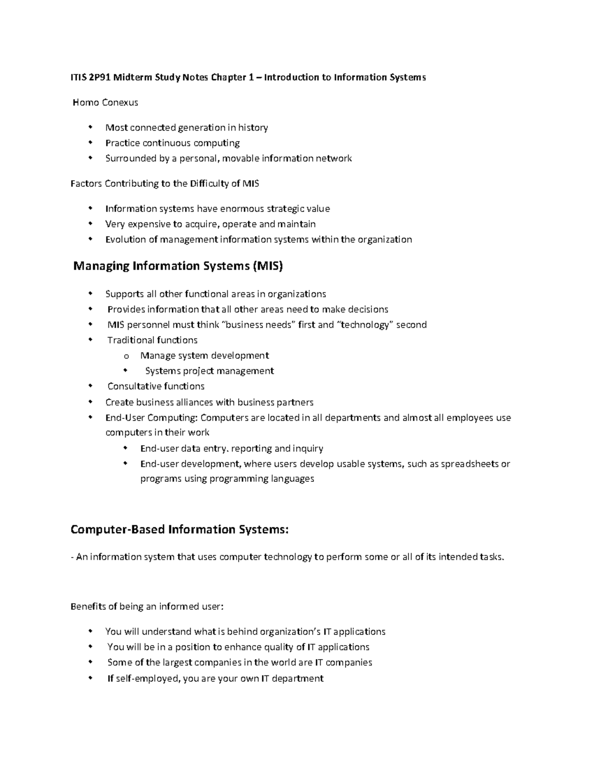 Summary Introduction to Information Systems - Chapters 1-5 - ITIS 2P91 ...