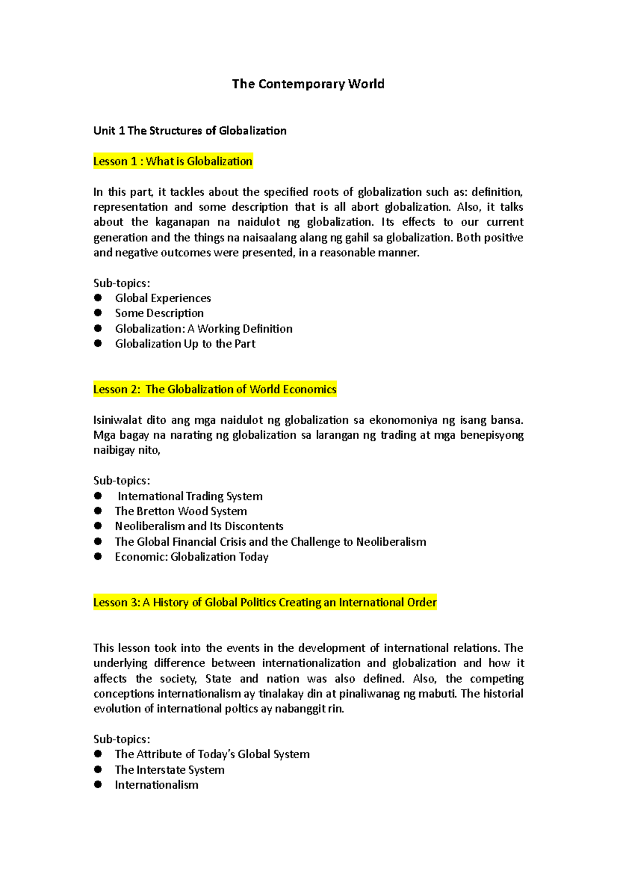 The Contemporary World - The Contemporary World Unit 1 The Structures ...