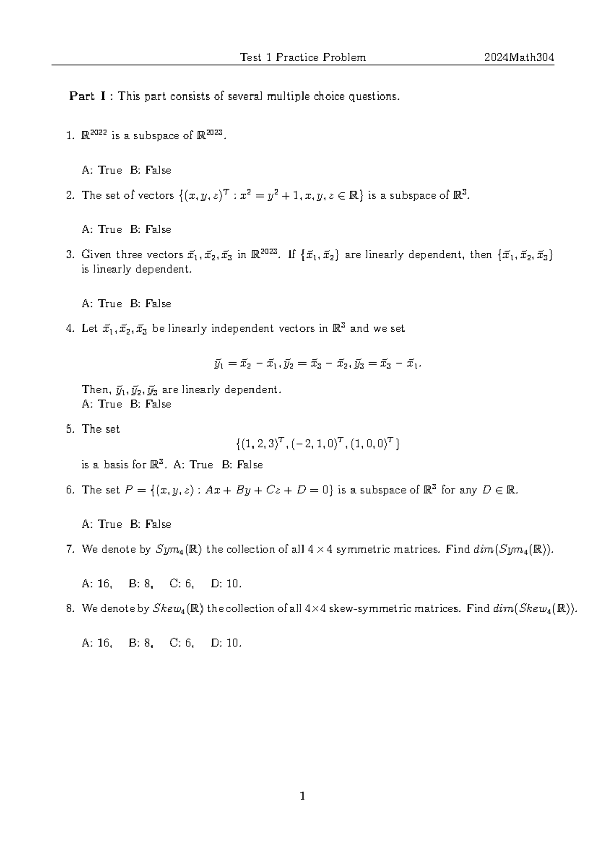 2024Fall Test 1 pp - practice test - Part I : This part consists of ...