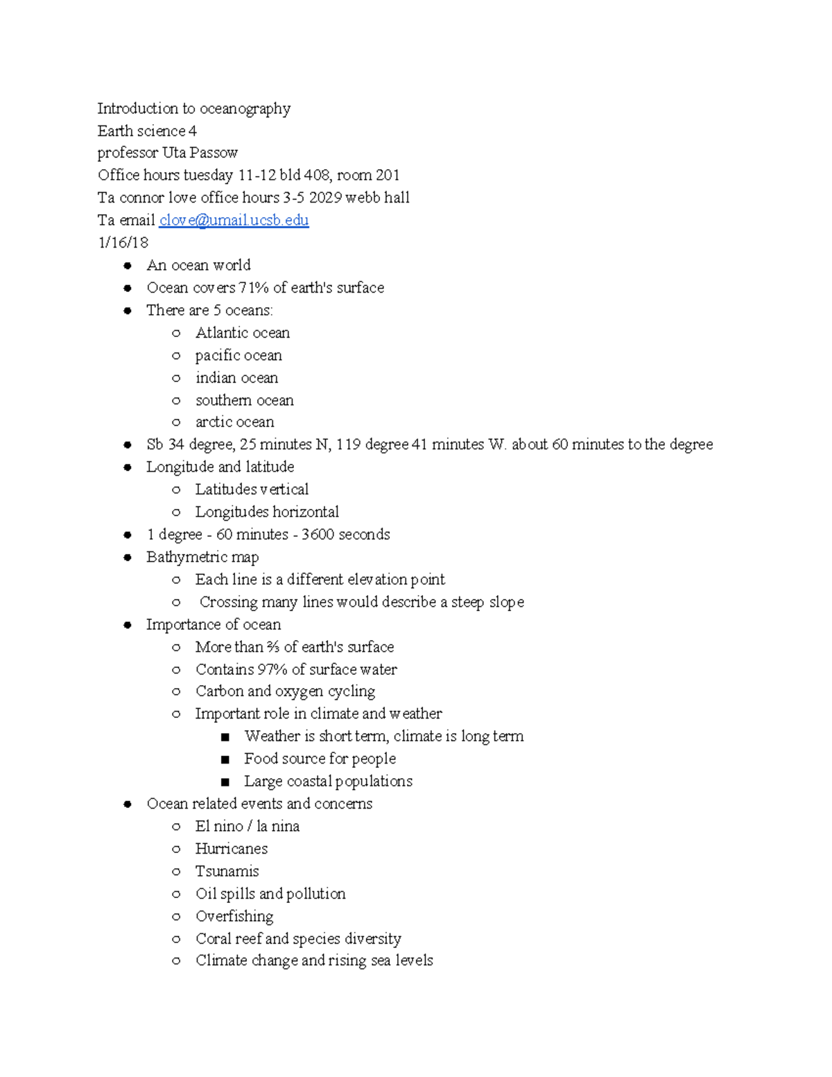 Lecture notes - Introduction to oceanography Earth science 4 professor ...