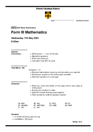 Sydney Boys 2019 Year 9 Maths Yearly & Solutions - SYDNEY BOYS HIGH ...