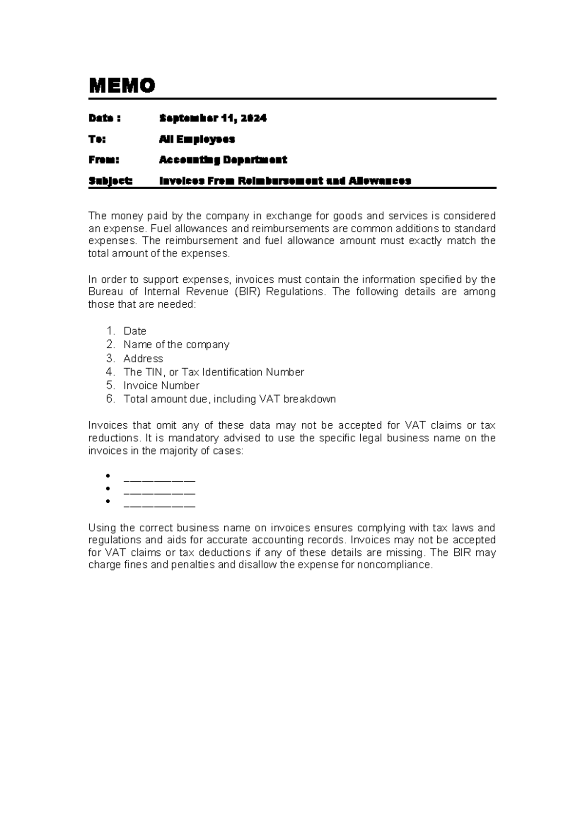 1Accounting MEMO-disbursement - MEMO Date : September 11, 2024 To: All ...
