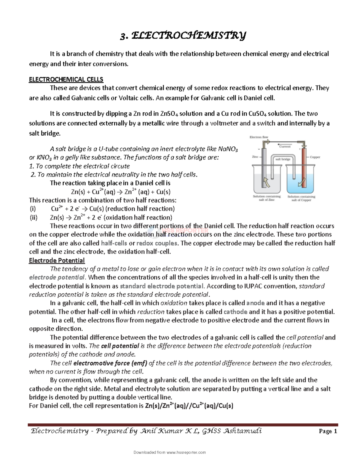 HSSRptr 3. Electrochemistry - Electrochemistry - Prepared by Anil Kumar ...