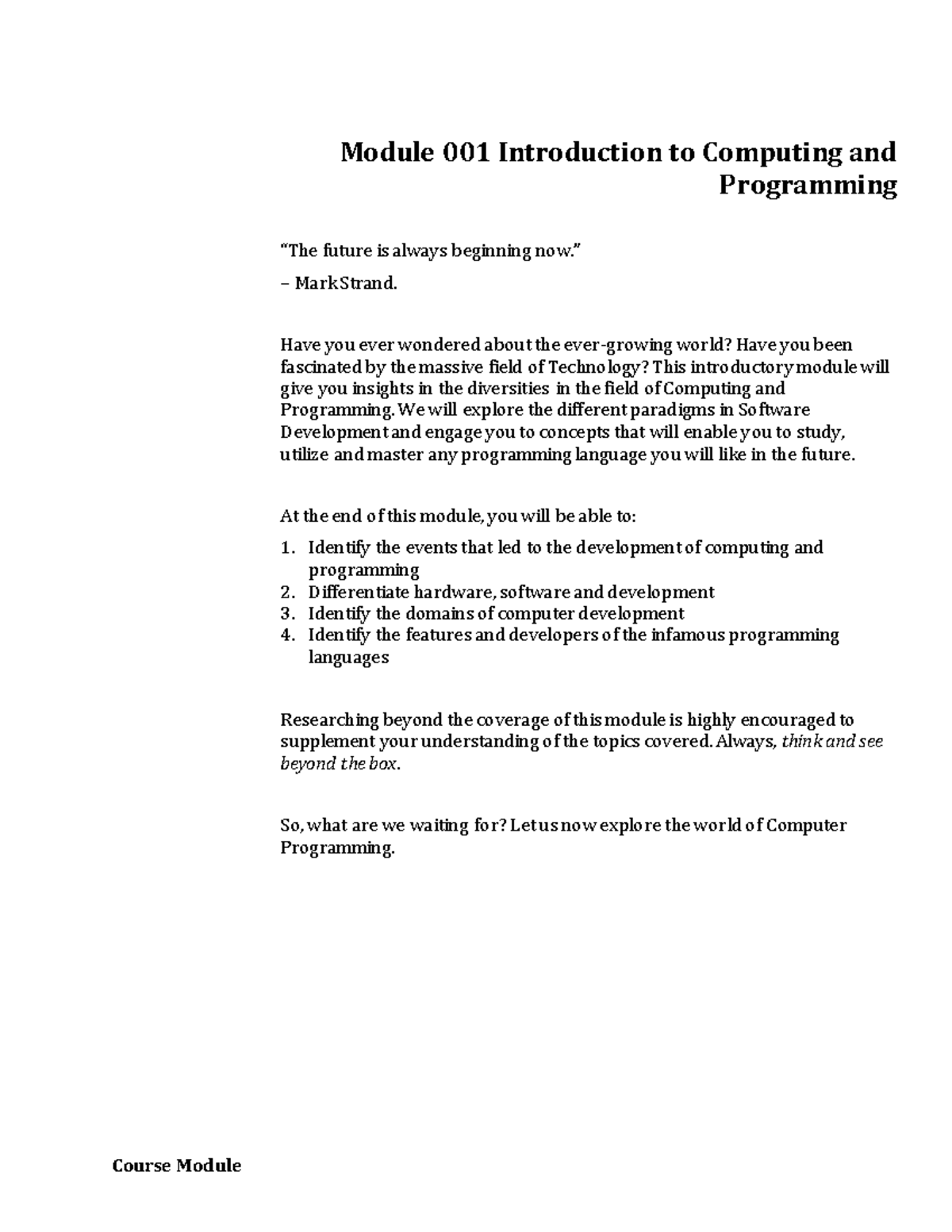 W1-Module- Introduction to Computing and - Course Module Module 001 Introduction to Computing ...